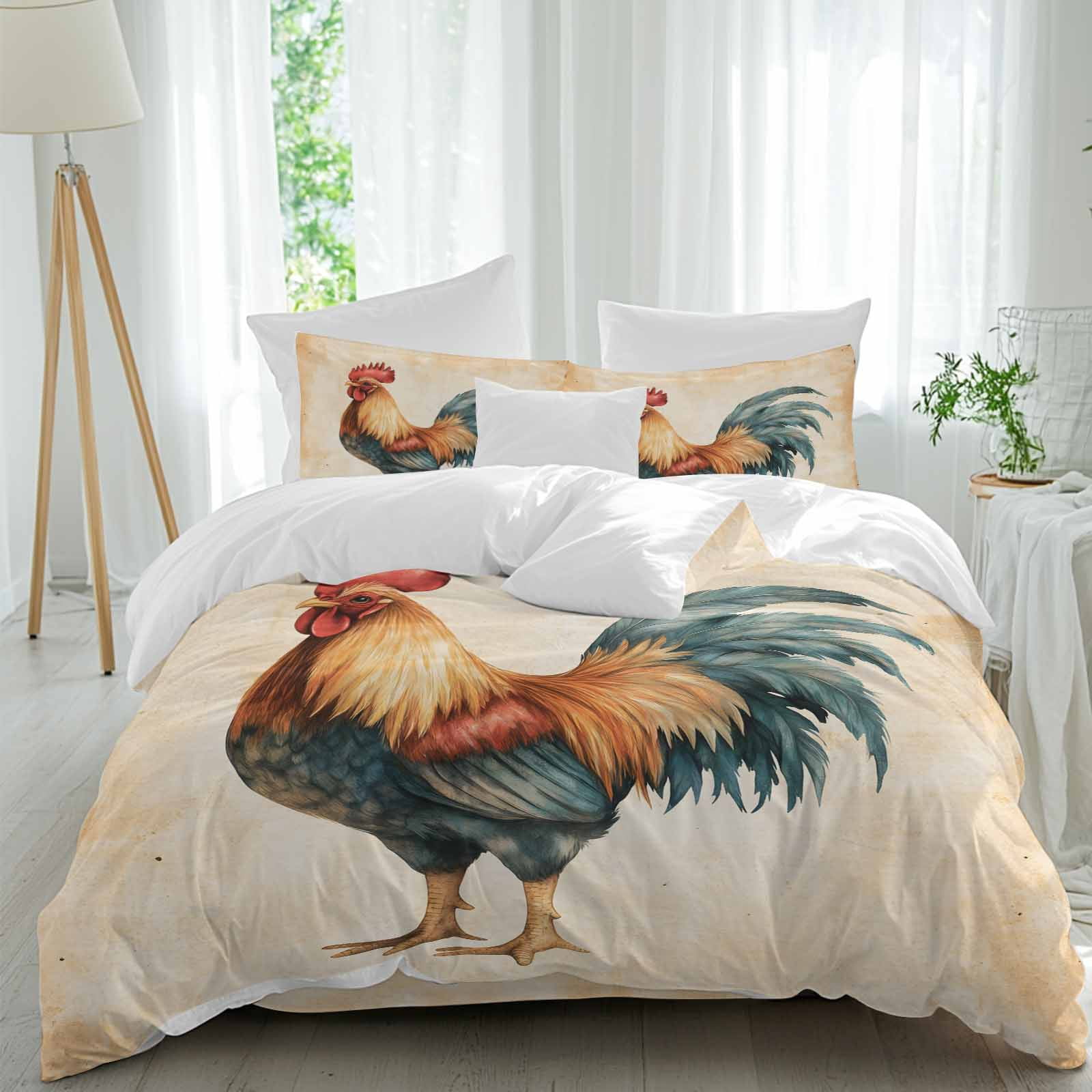 Country Style Duvet Cover Set King Size, Rooster Retro Pastoral ...