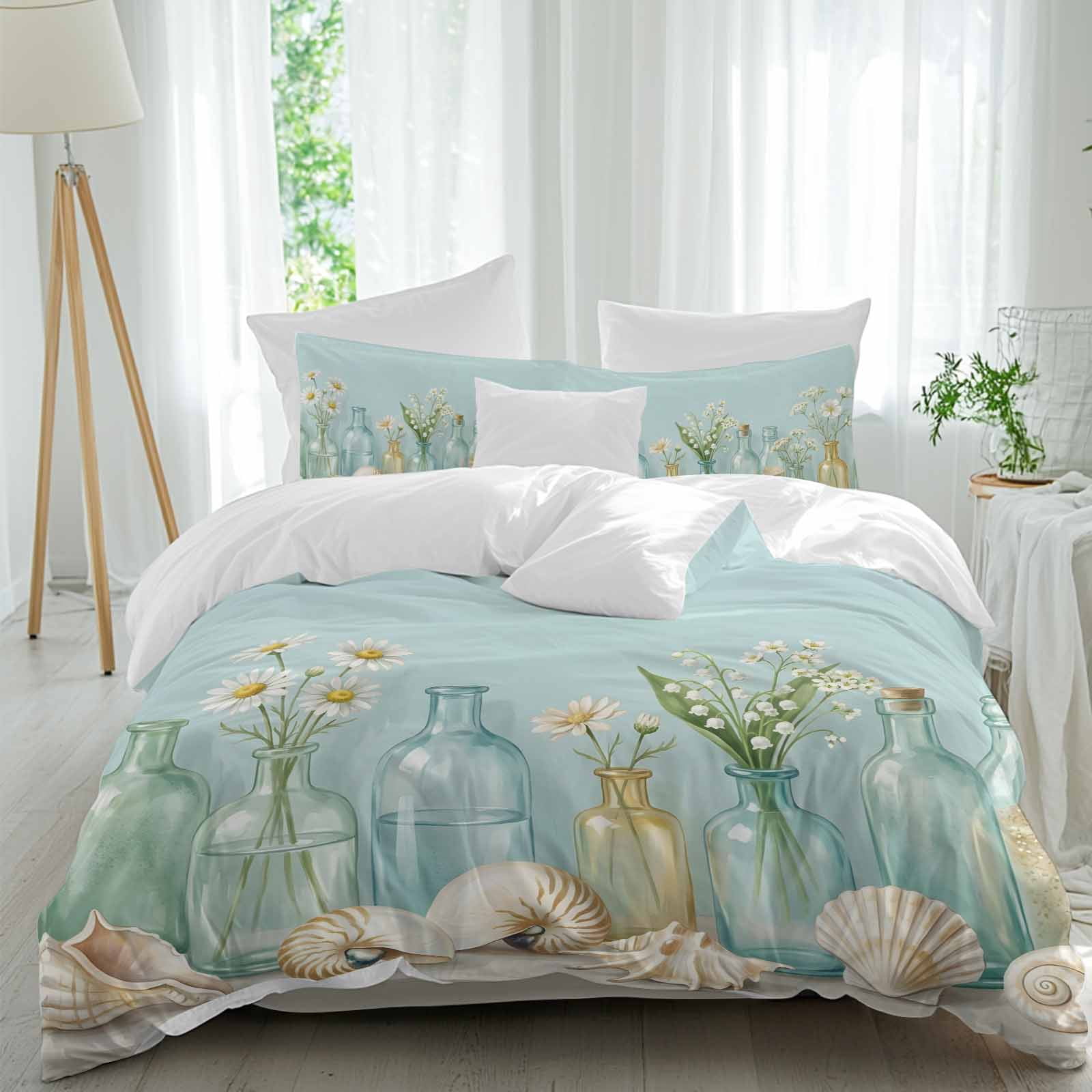 Country Style Duvet Cover Set Queen Size, Glass Bottle Daisy Flowers ...