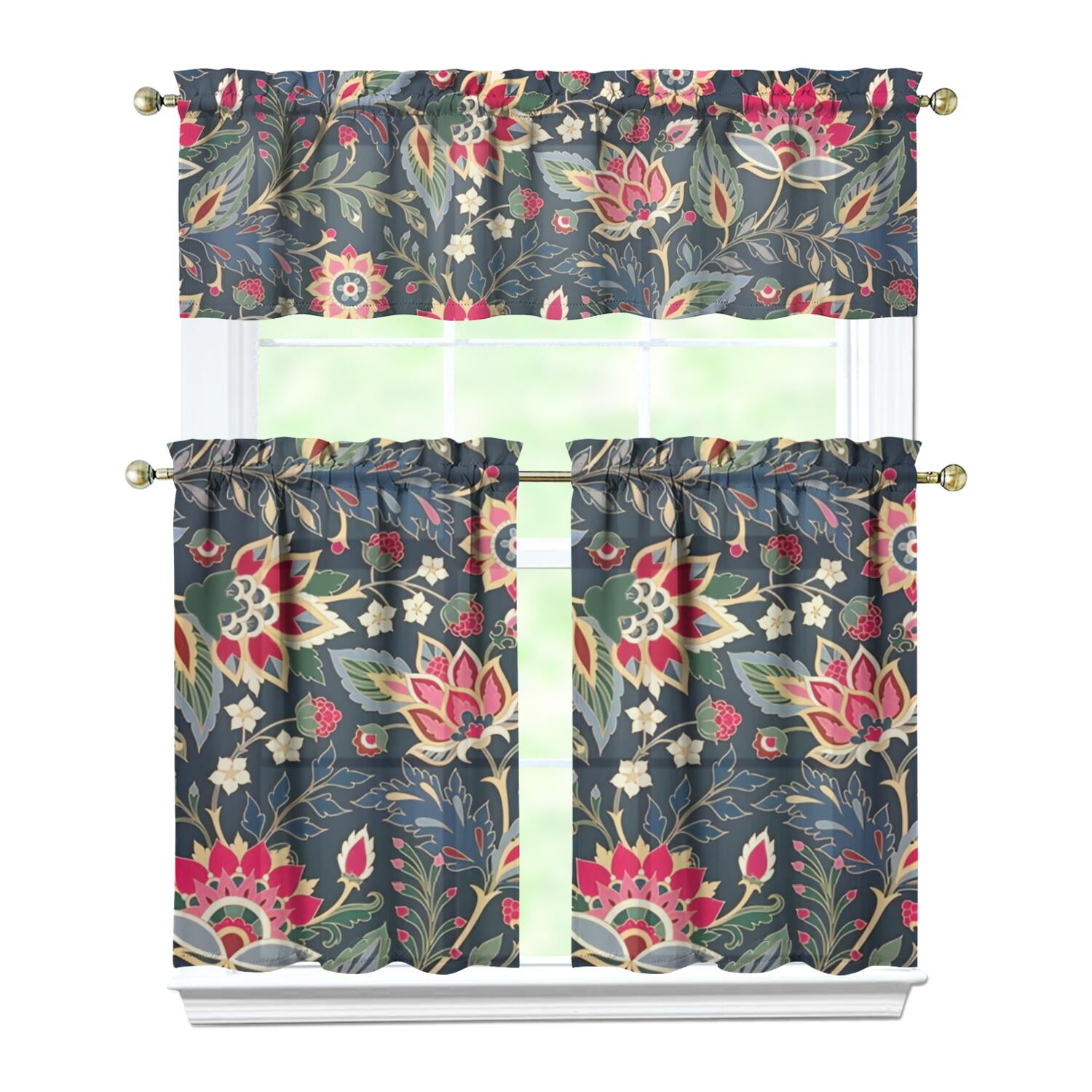 Country Style Kitchen Curtains Set of 3 with Valance and Tier Panels ...