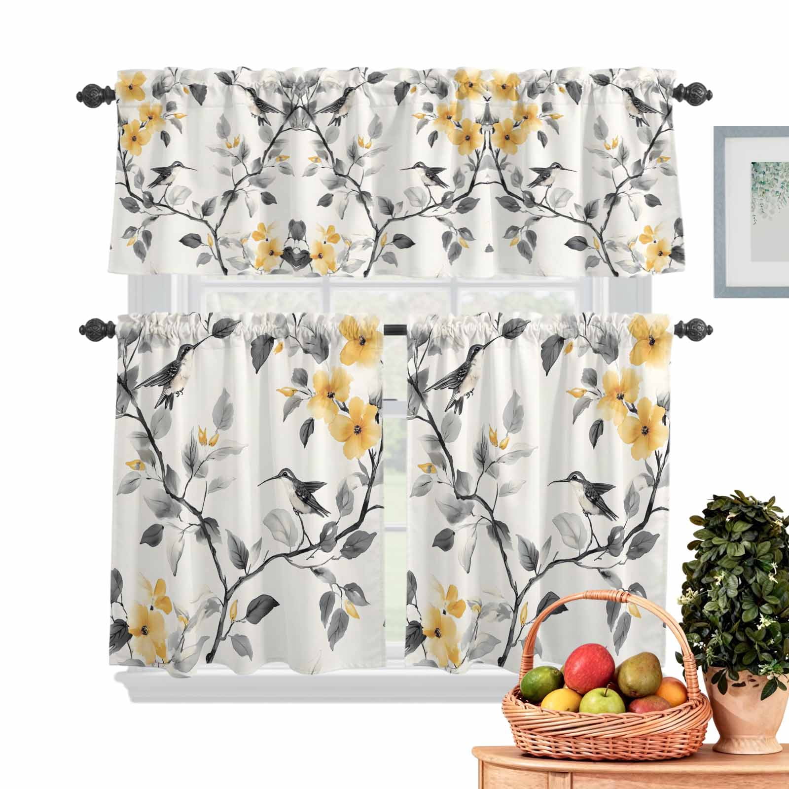 Country Style Kitchen Curtains Valances 3 Piece Set, Flowers Bird Gray ...