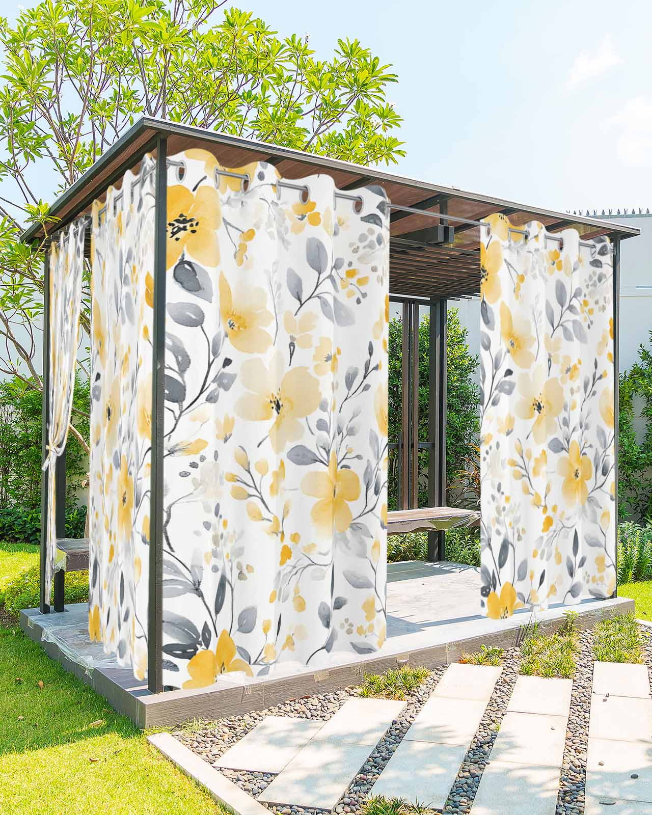 Country Style Outdoor Curtains for Patio, Yellow Flowers Gray Leaf ...