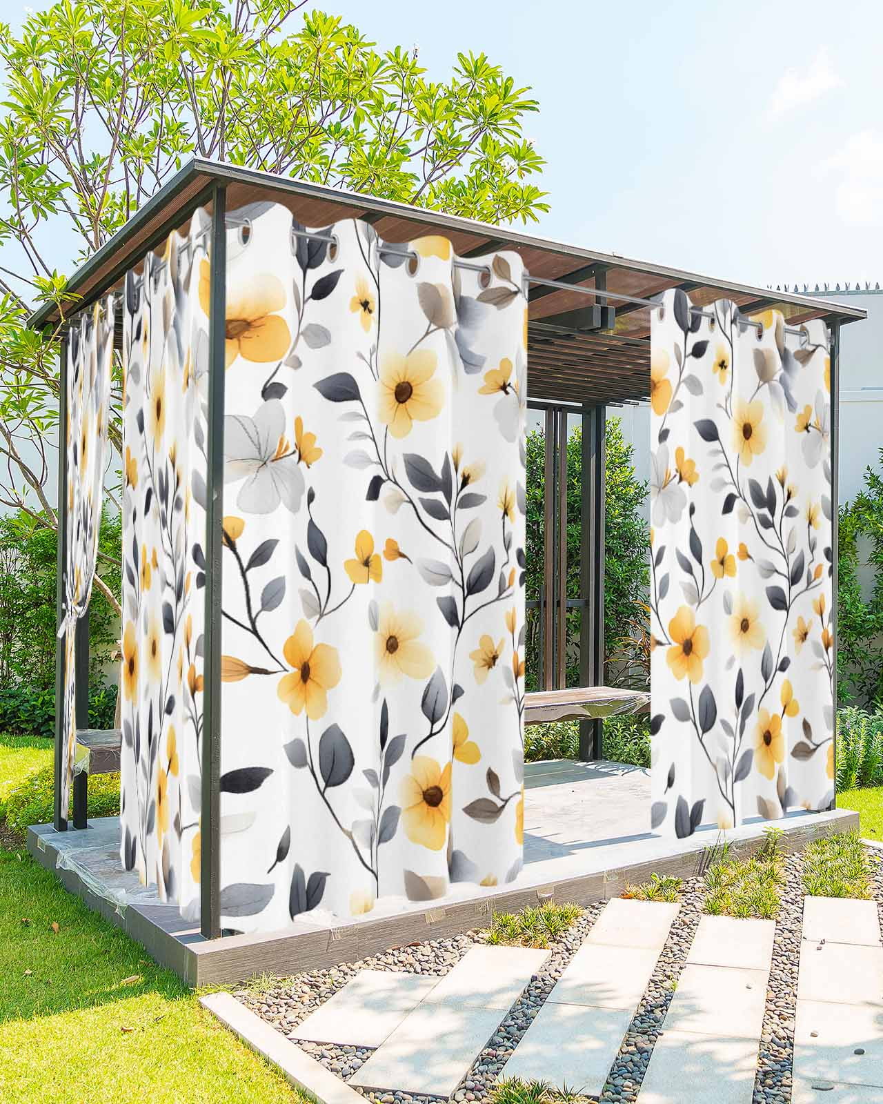 Country Style Outdoor Curtains for Patio, Yellow Flowers Leaves Floral ...