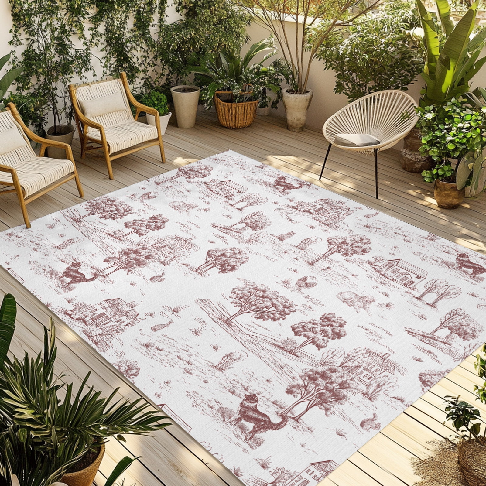 Country Style Outdoor Rug, Vintage Cottages Animals Tree Retro ...