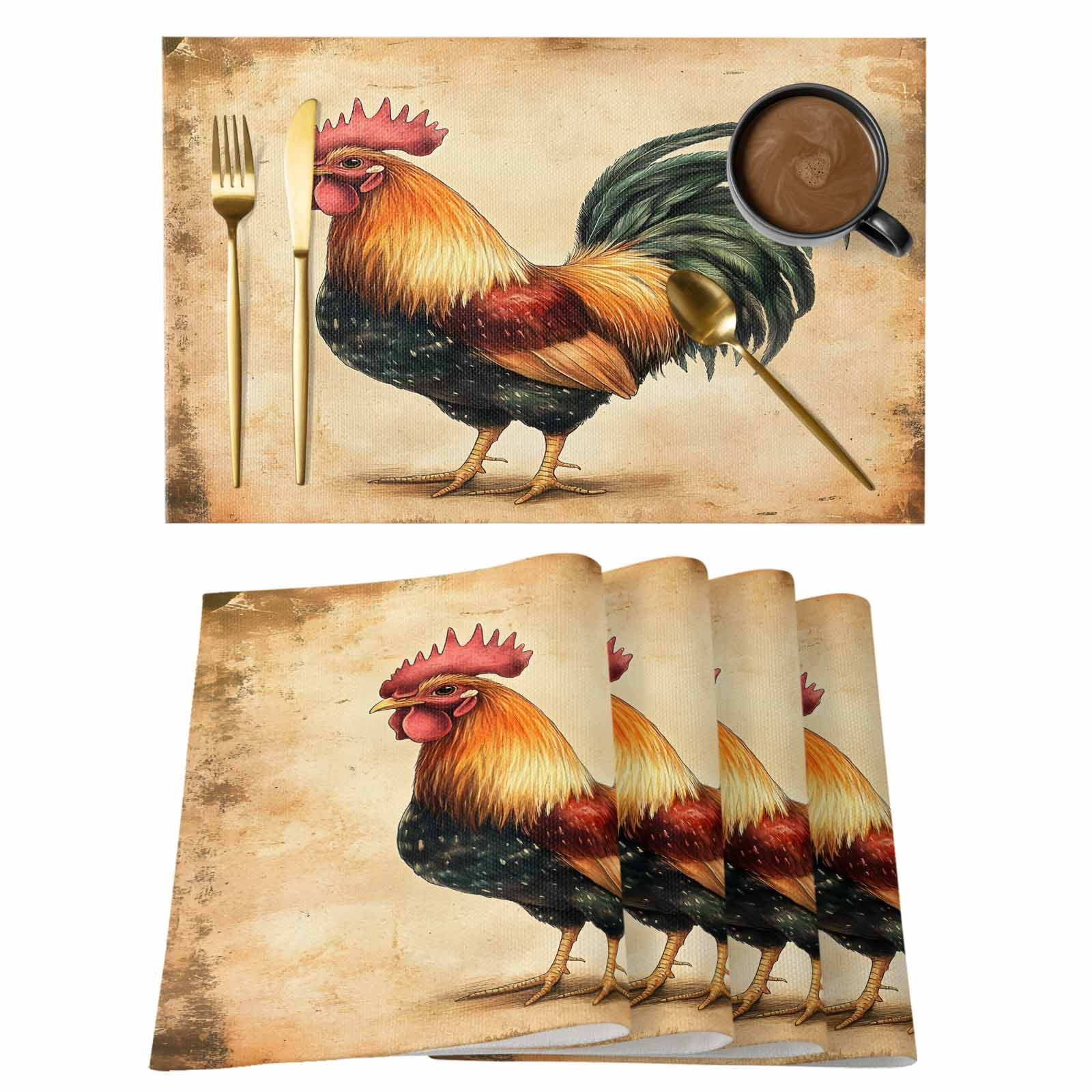 Country Style Placemats Set of 1, Rooster Retro Pastoral Farmhouse ...