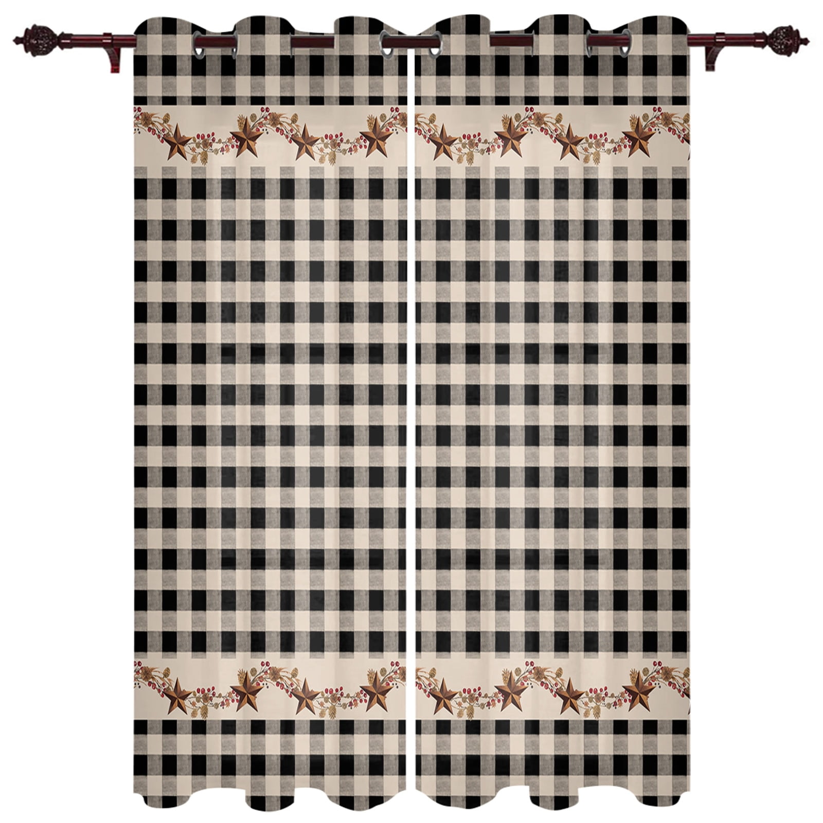 Country Style Retro Black Plaid Window Curtains for Living Room Kitchen ...