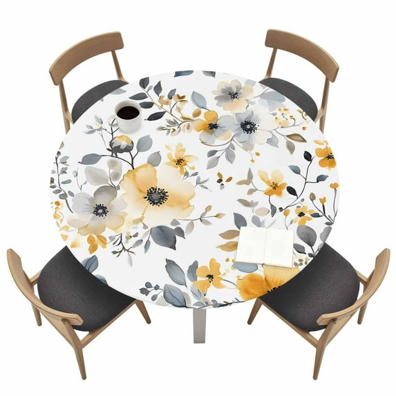Country Style Round Fitted Tablecloth with Elastic Edge Flowers Gray ...