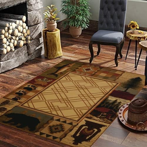 Country Style Rustic Cabin Wildlife Washable Area Rugs, Lodge Bear ...