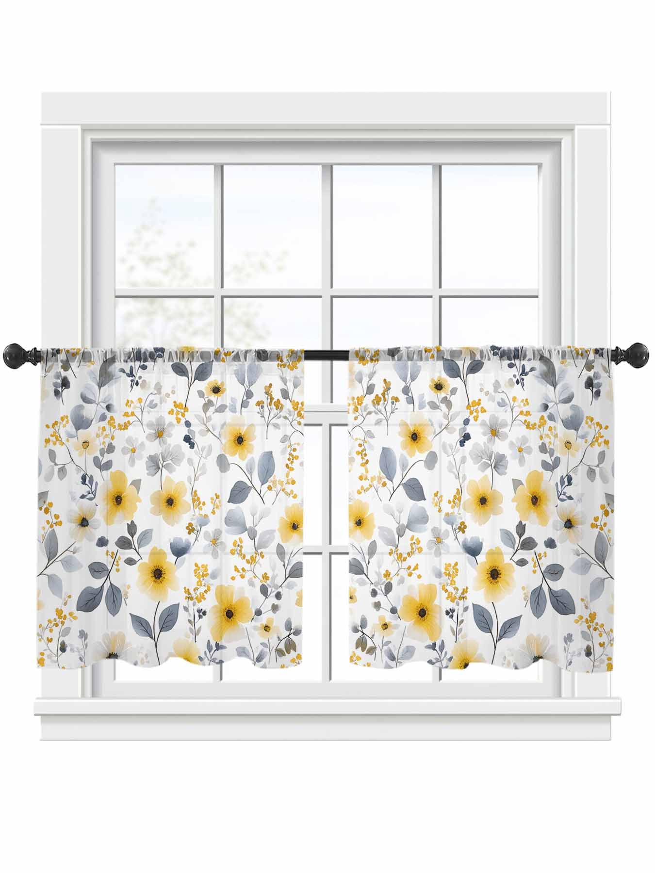 Country Style Sheer Curtains 2 Panels Set Yellow Flowers Gray Leaves ...