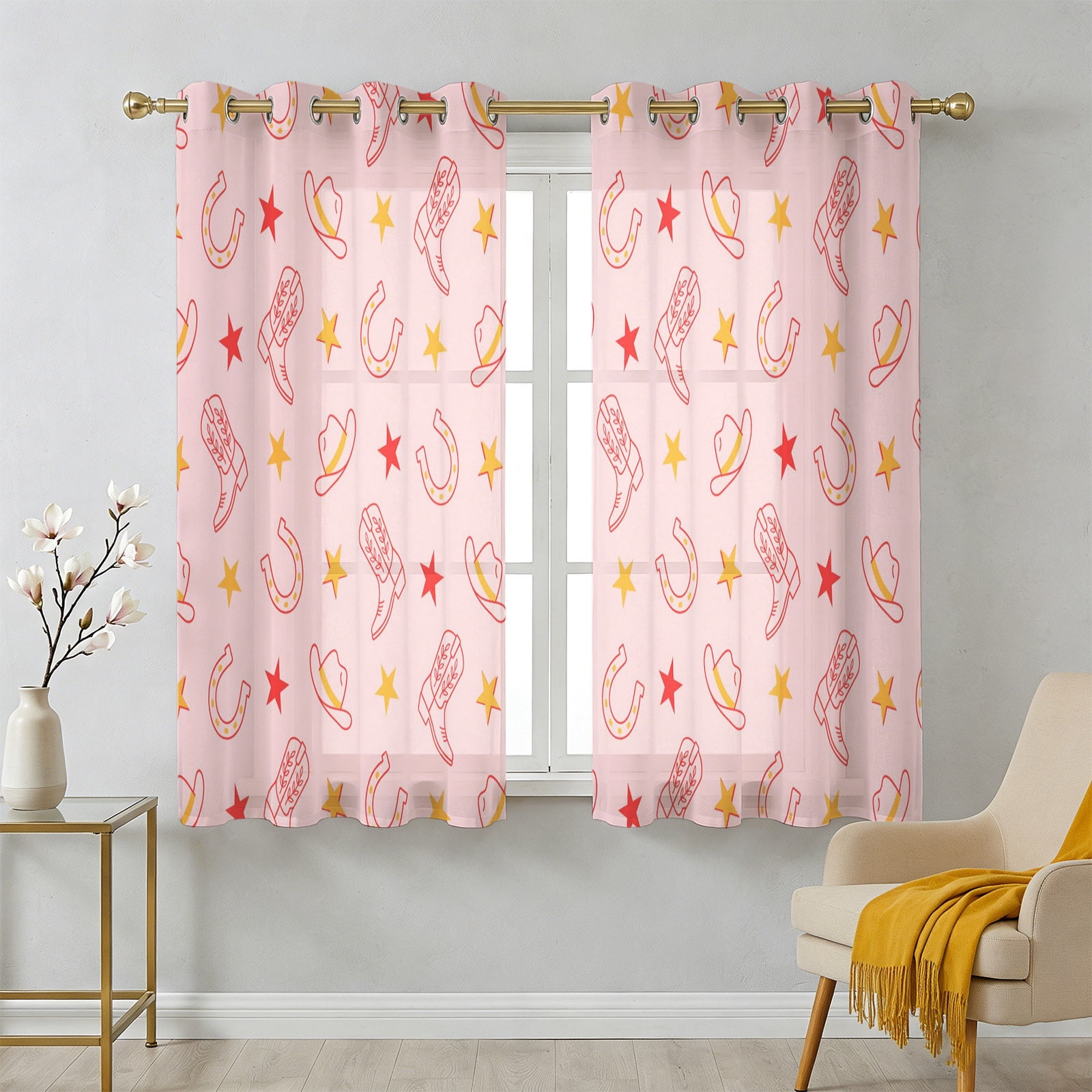 Country Style Sheer Curtains 45 Inch Long 2 Panels, Western Horseshoe ...