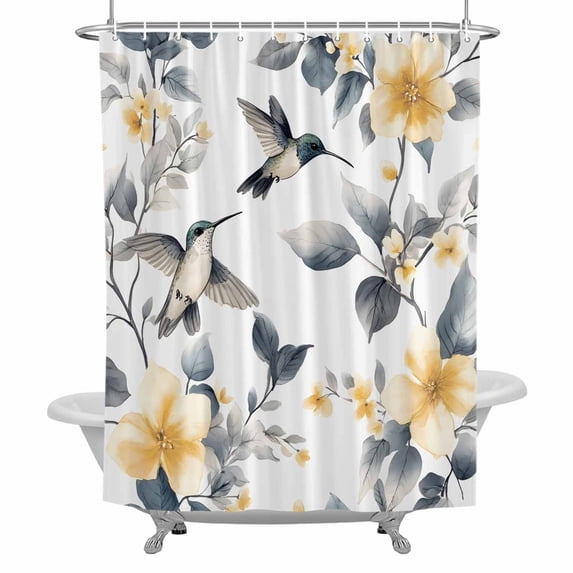 Country Style Shower Curtain for Bathroom, Yellow Floral Gray Bird Leaf ...