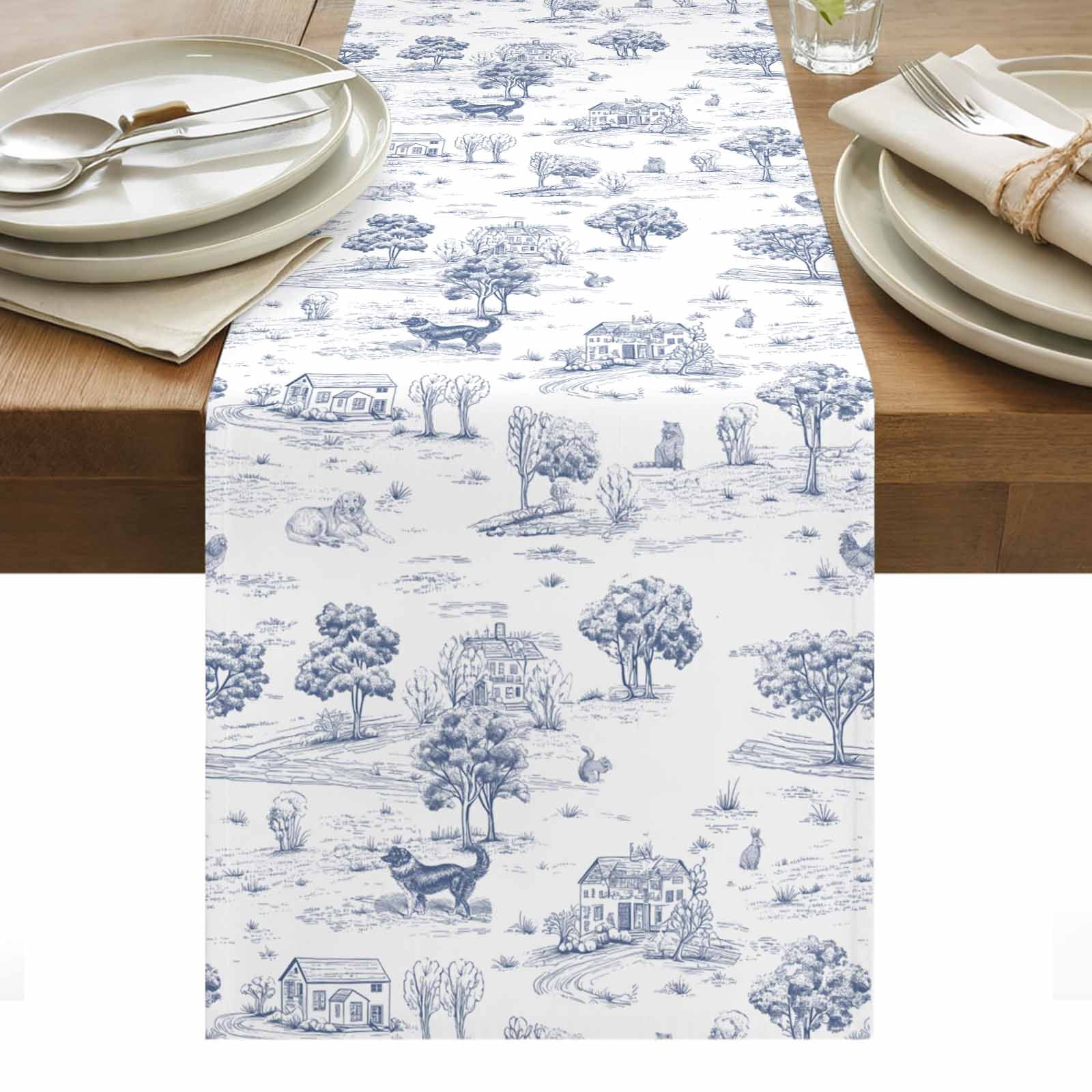 Country Style Table Runner 13 x 60 Inch, Vintage Cottages Animals Tree ...