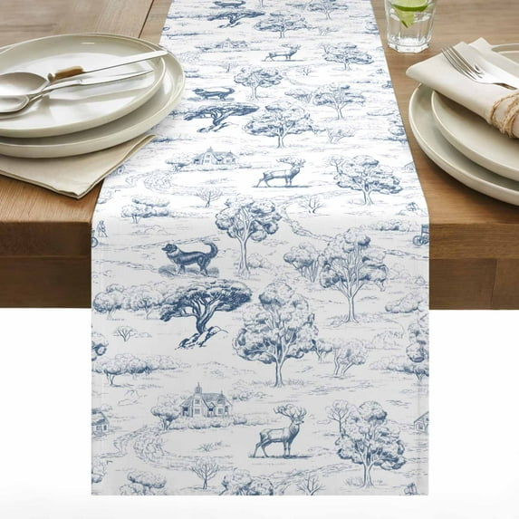 Country Style Table Runner 13x36 inch Vintage Cottages Animals Dog Tree ...