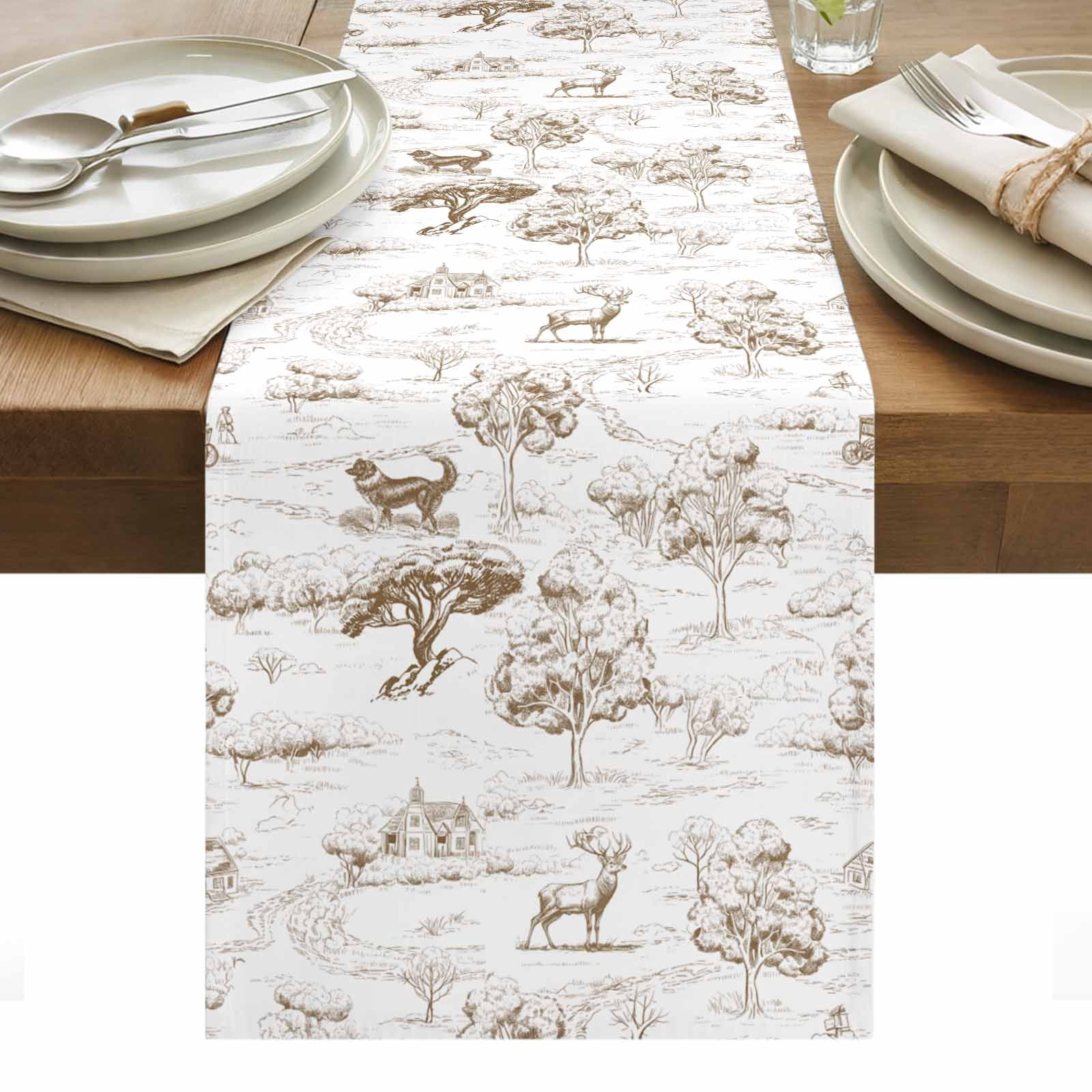Country Style Table Runner 14 x 72 Inch, Vintage Cottages Animals Dog ...