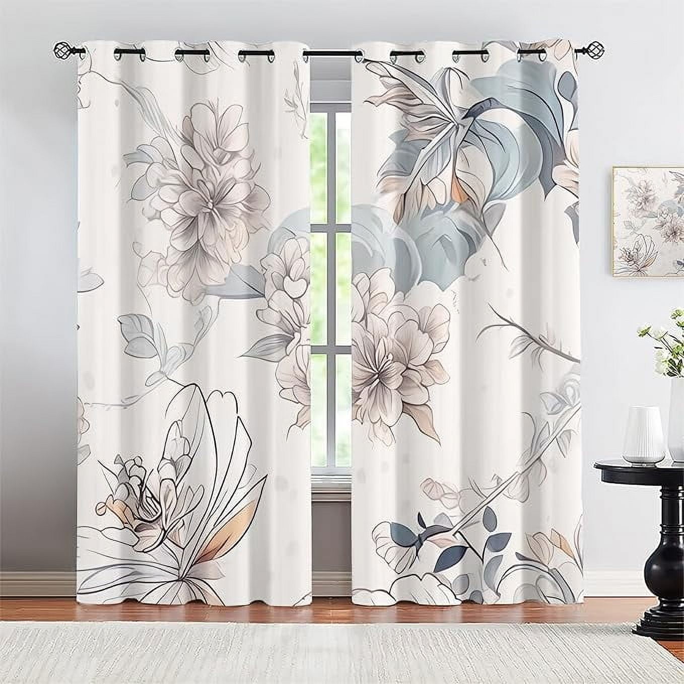 Country Style Thermal Insulated Grommet Drapes, White And Blue Flowers ...