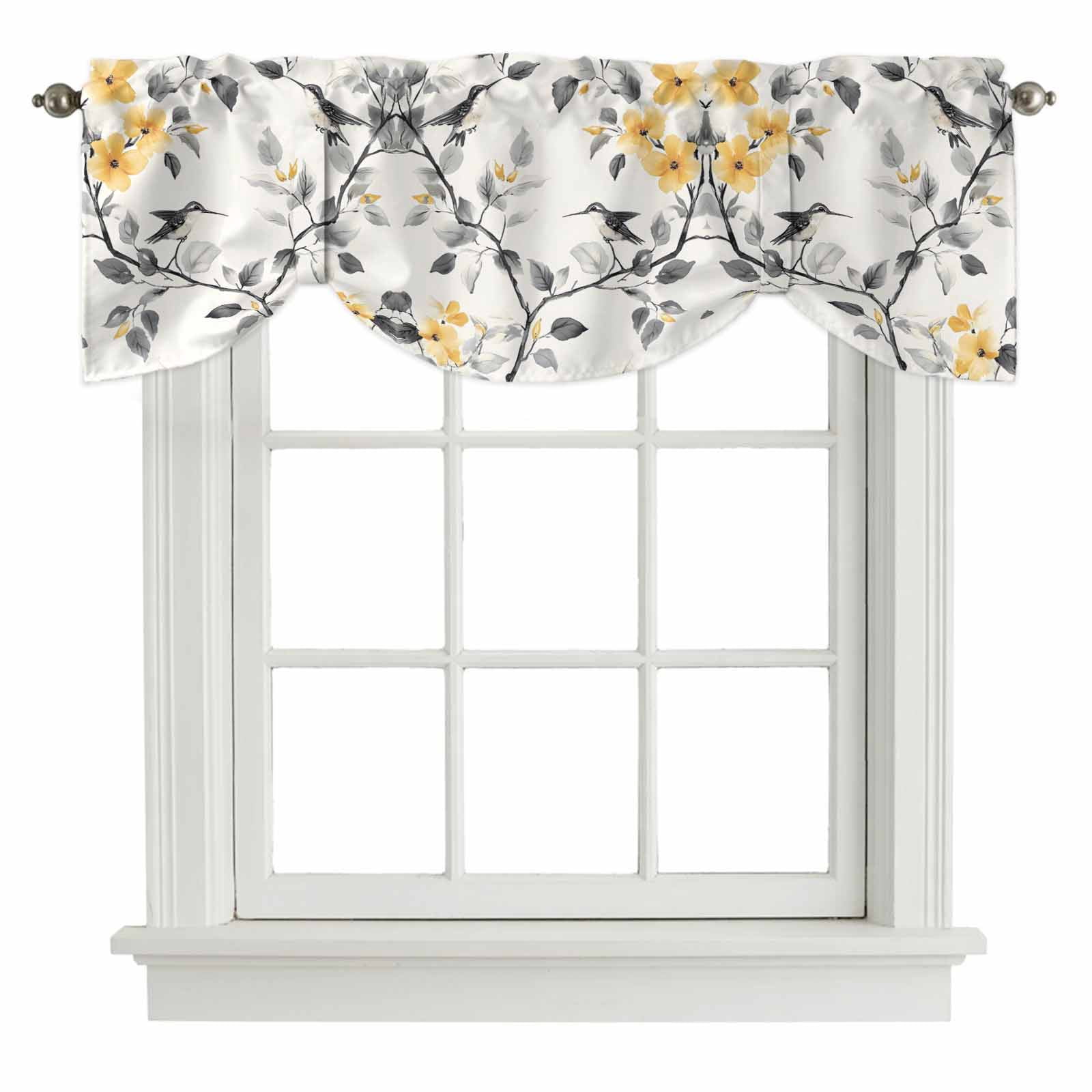 Country Style Tie Up Valance for Windows, Flowers Bird Gray Leaf ...