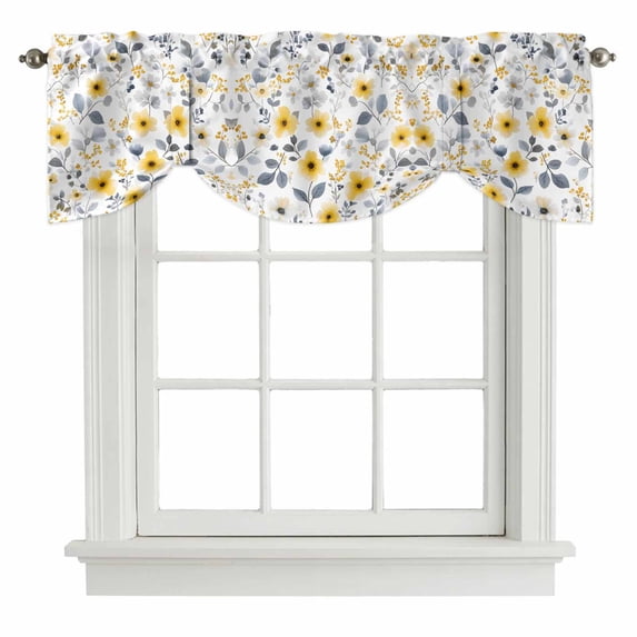 Country Style Tie Up Valance for Windows, Yellow Flowers Gray Leaves ...