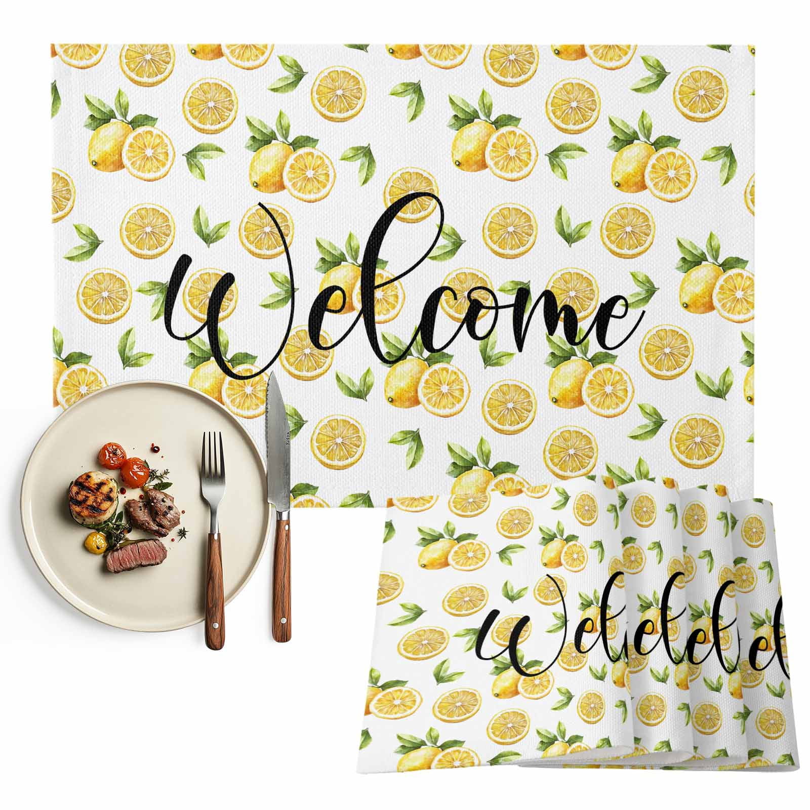 Country Summer Placemats Set of 4, Welcome Lemon Print Table Mats ...