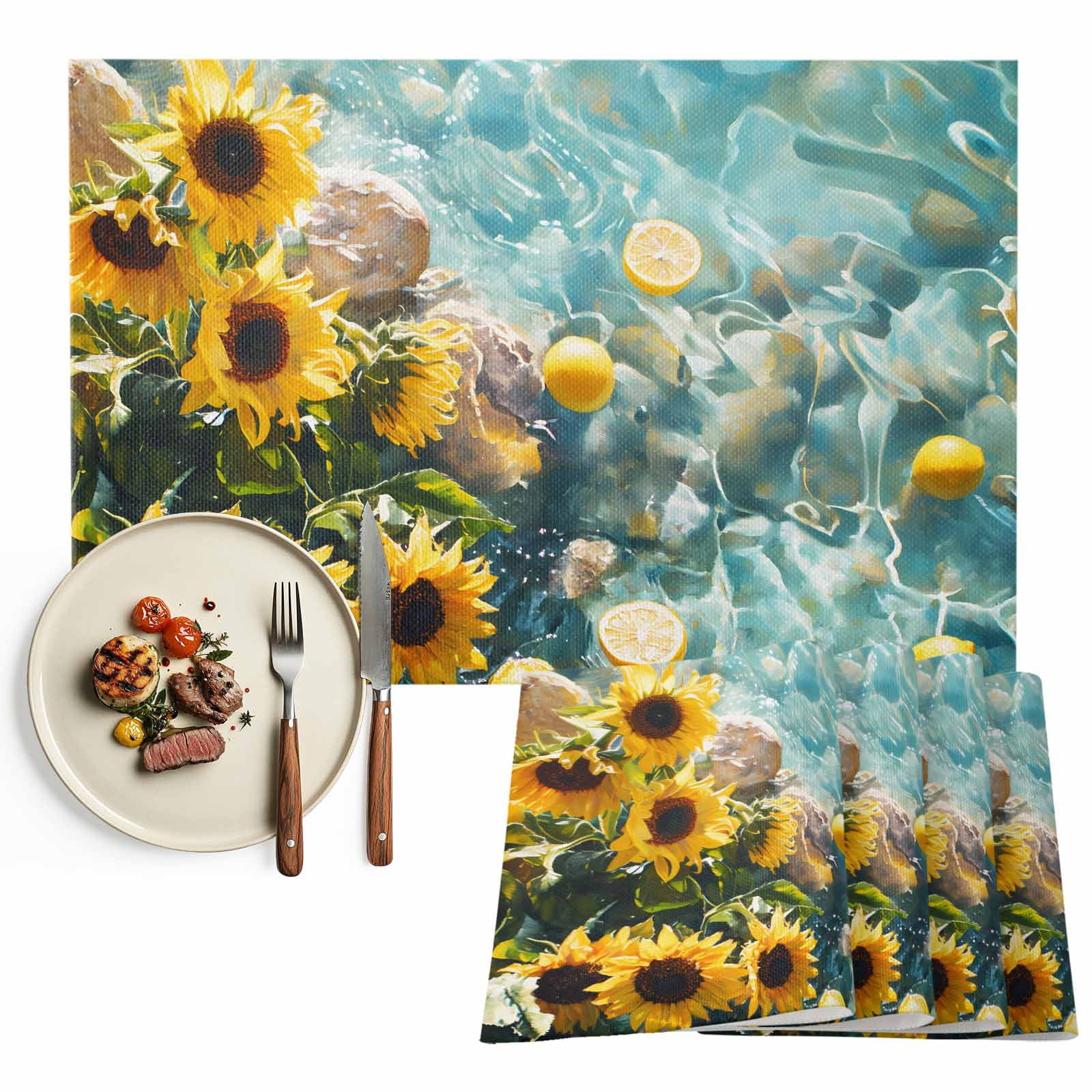 Country Summer Placemats Set of 6, Lake Lemon Sunflower Oil Painting ...