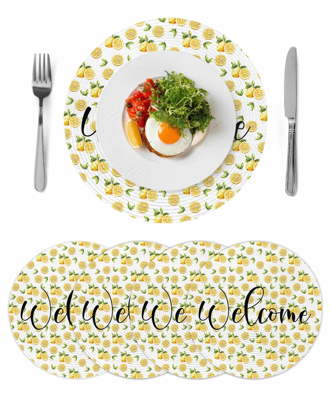 Country Summer Round Table Placemats set of 4, Welcome Lemon Print ...