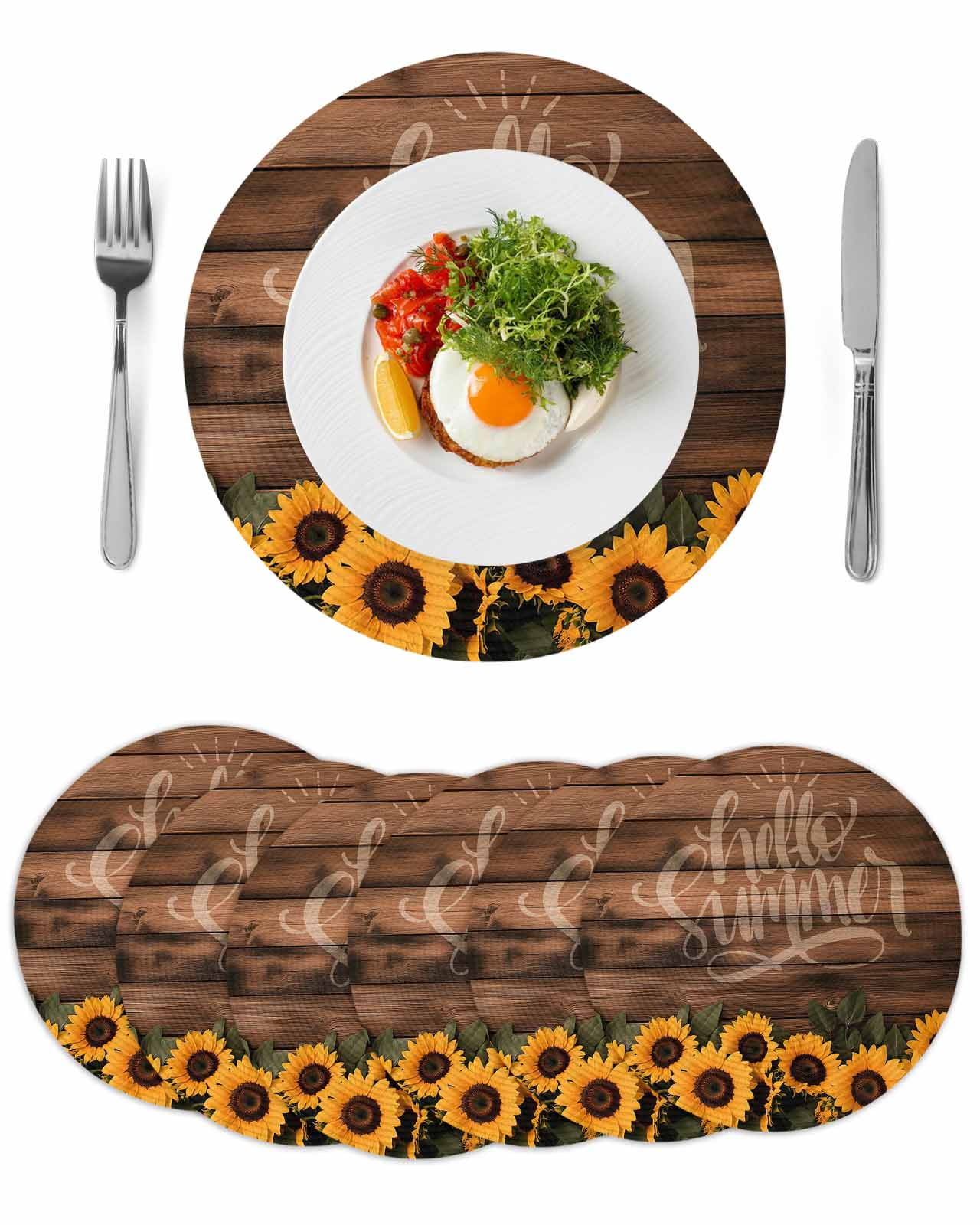 Country Summer Round Table Placemats set of 6, Vintage Wood Grain ...