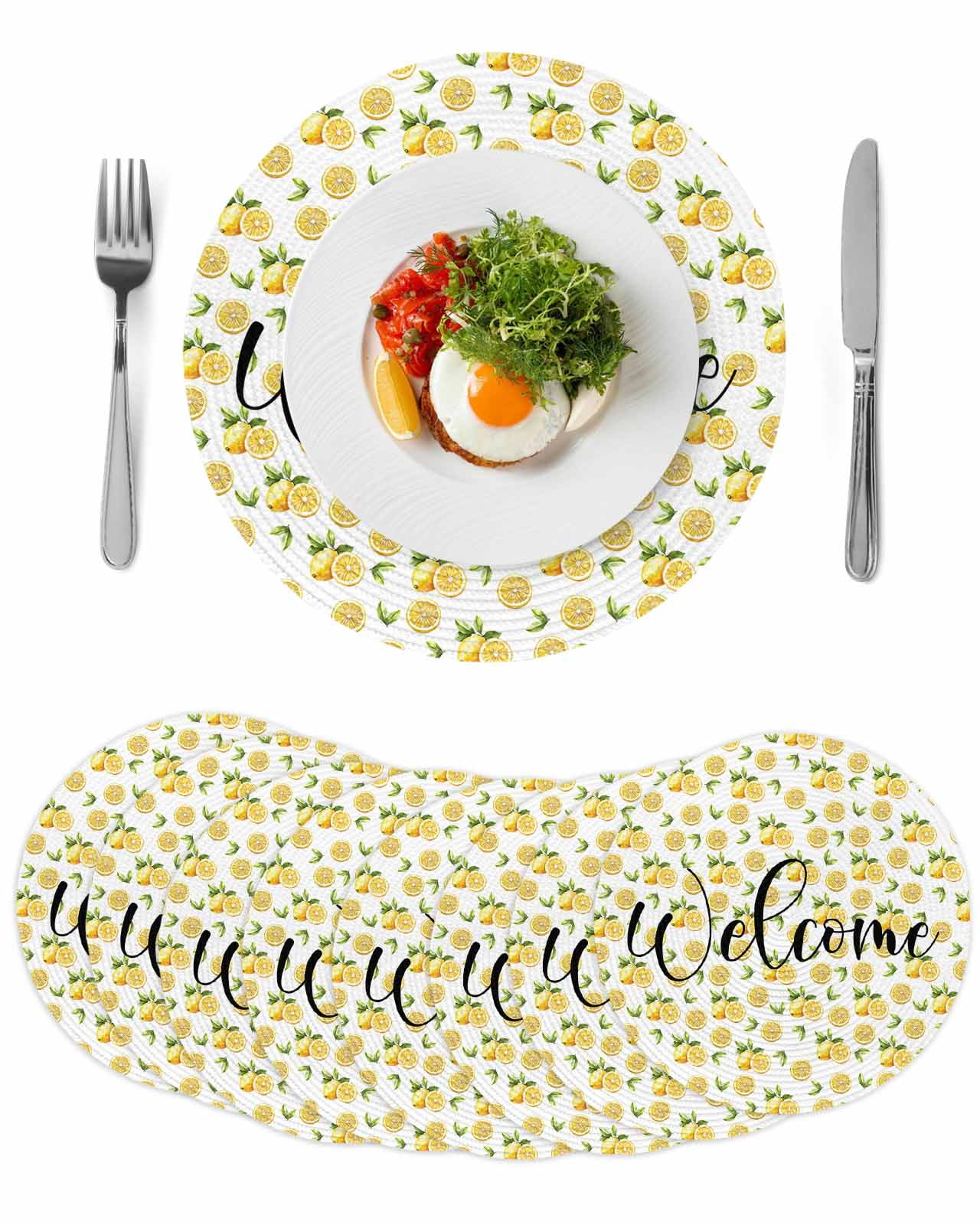 Country Summer Round Table Placemats set of 8, Welcome Lemon Print ...