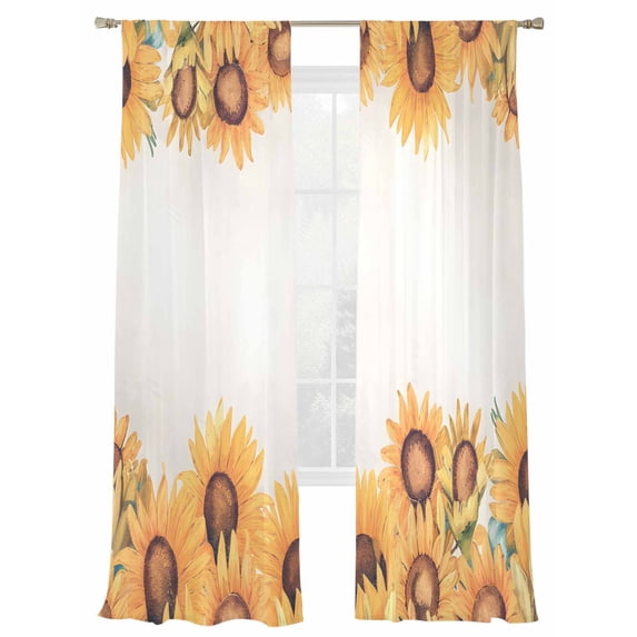 Country Summer Sunflower Sheer Curtains 2 Panels Set Watercolor Yellow ...
