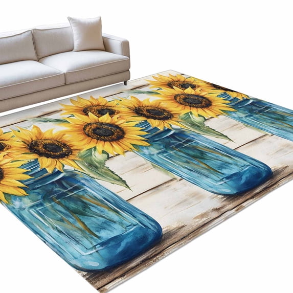 Country Sunflower Area Rugs 8x10ft Watercolor Yellow Flower Wood Grain ...