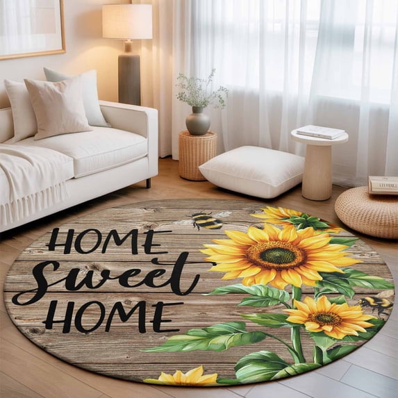 Country Sunflower Bee Green Leaves Round Rug 5ft Farm Retro Wood Board ...