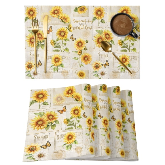 Country Sunflower Cotton Linen Placemats Set of 1, Butterfly Vintage ...