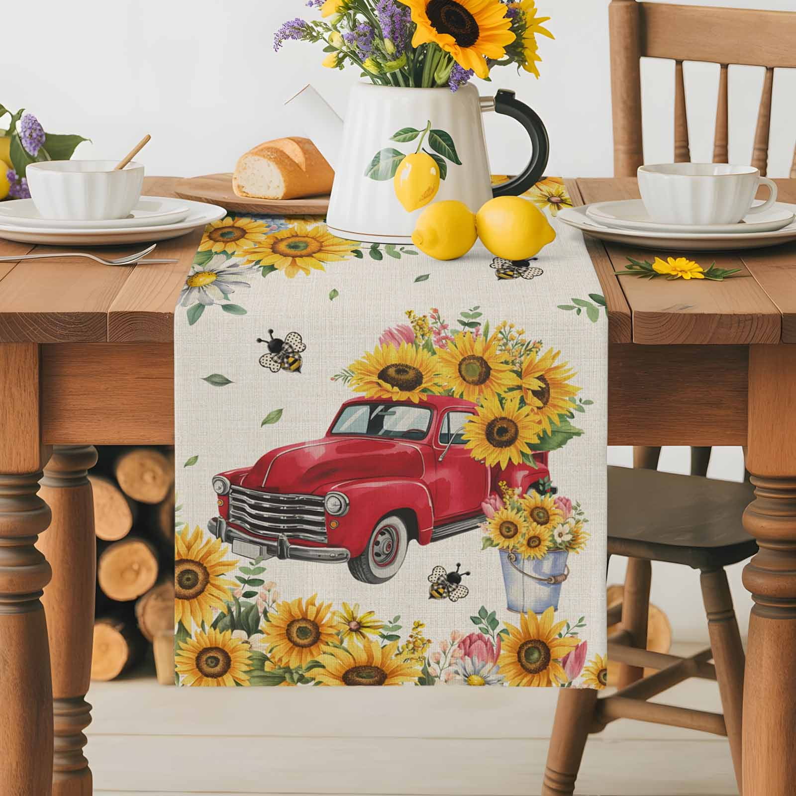 Country Sunflower Farm Truck Table Runner Dresser Scarf,Kitchen Dining ...