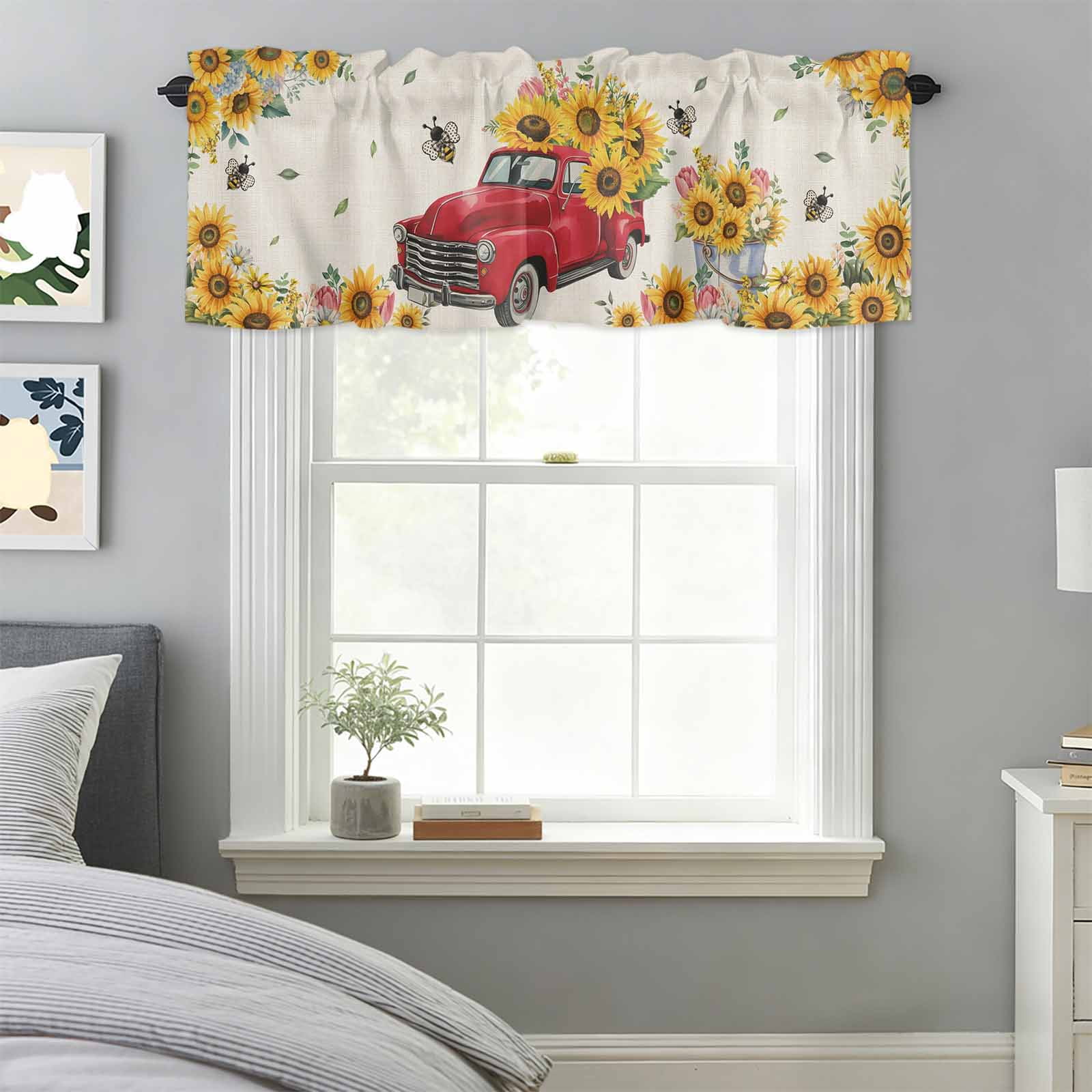 Country Sunflower Farm Truck Valances for Windows,Rod Pocket Valance ...