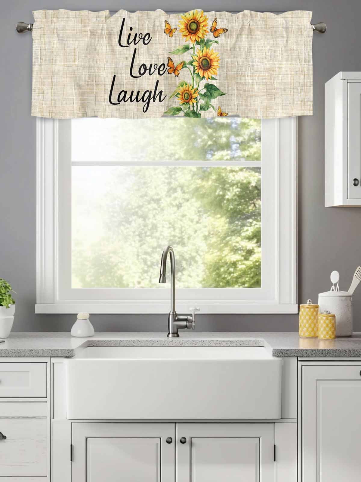 Country Sunflower Green Leaves Watercolor Valances for Windows,Kitchen ...