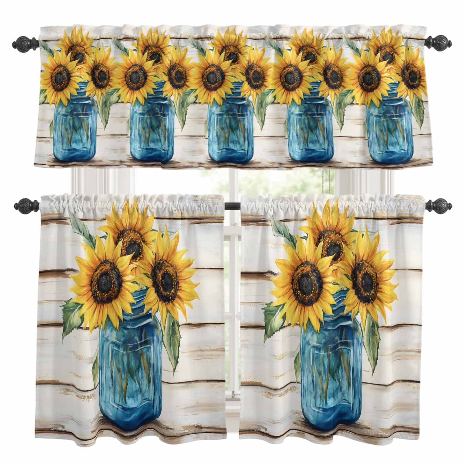 Country Sunflower Kitchen Curtains Valance and Tier Set Watercolor ...