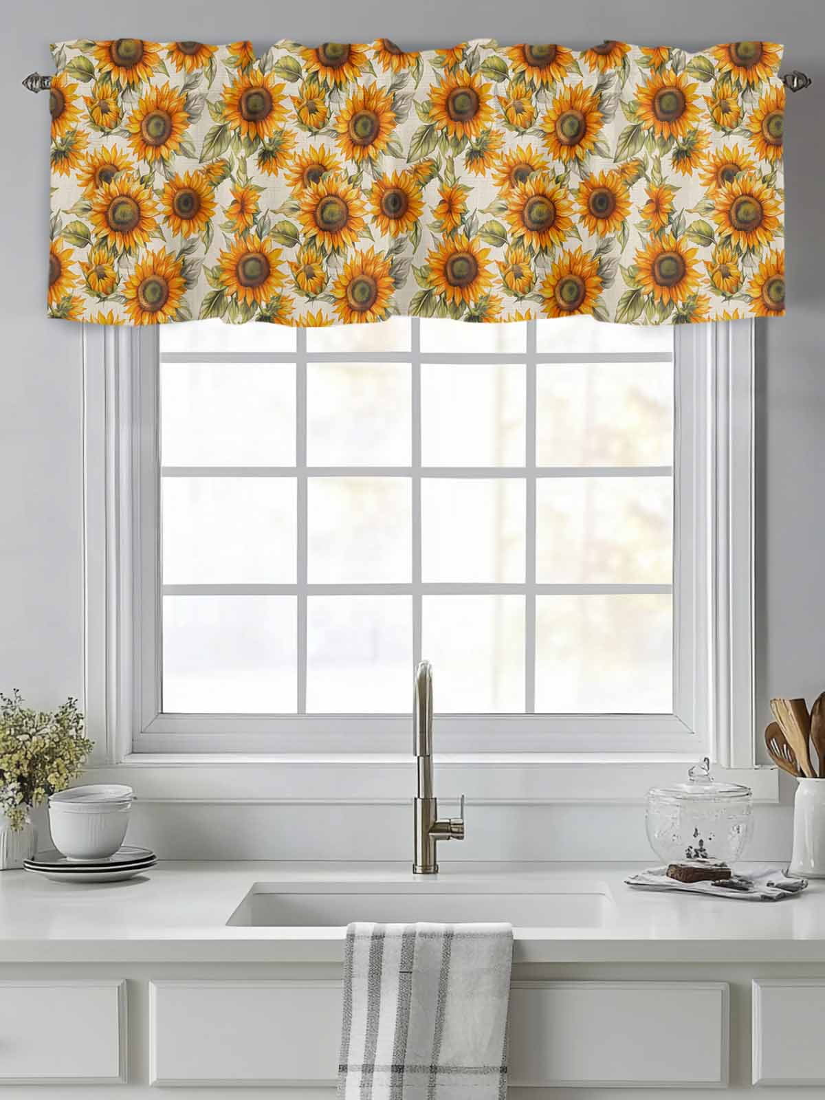 Country Sunflower Leaves Valances for Windows,Kitchen Valance Rod ...
