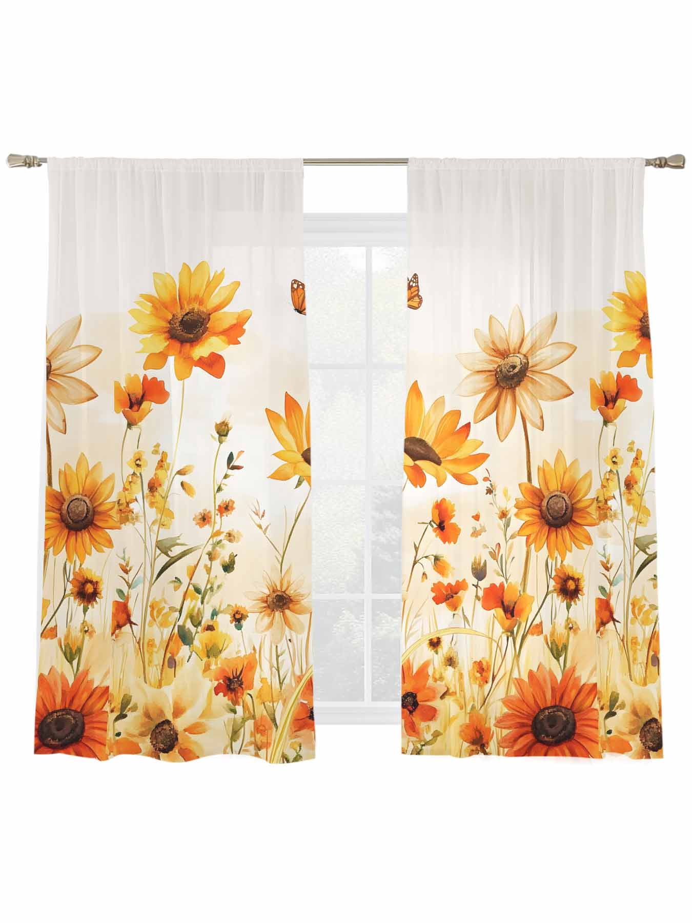 Country Sunflower Sheer Curtains 2 Panels Set Watercolor Orange Flower ...