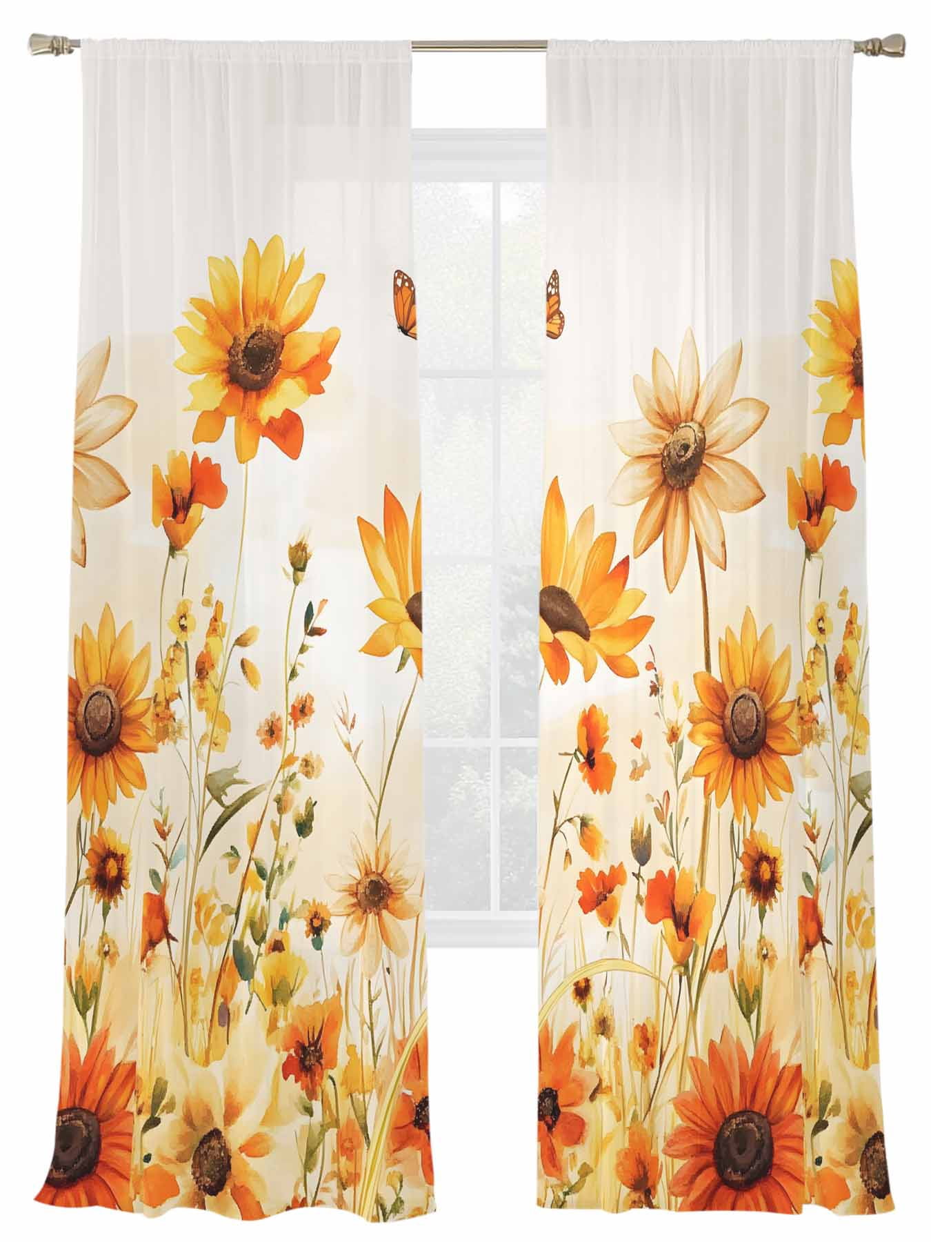Country Sunflower Sheer Curtains 2 Panels Set Watercolor Orange Flower ...