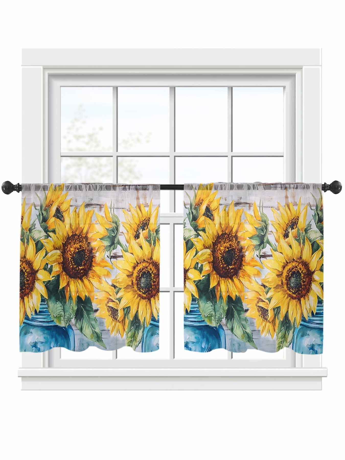 Country Sunflower Sheer Curtains 2 Panels Set Watercolor Yellow Flowers ...