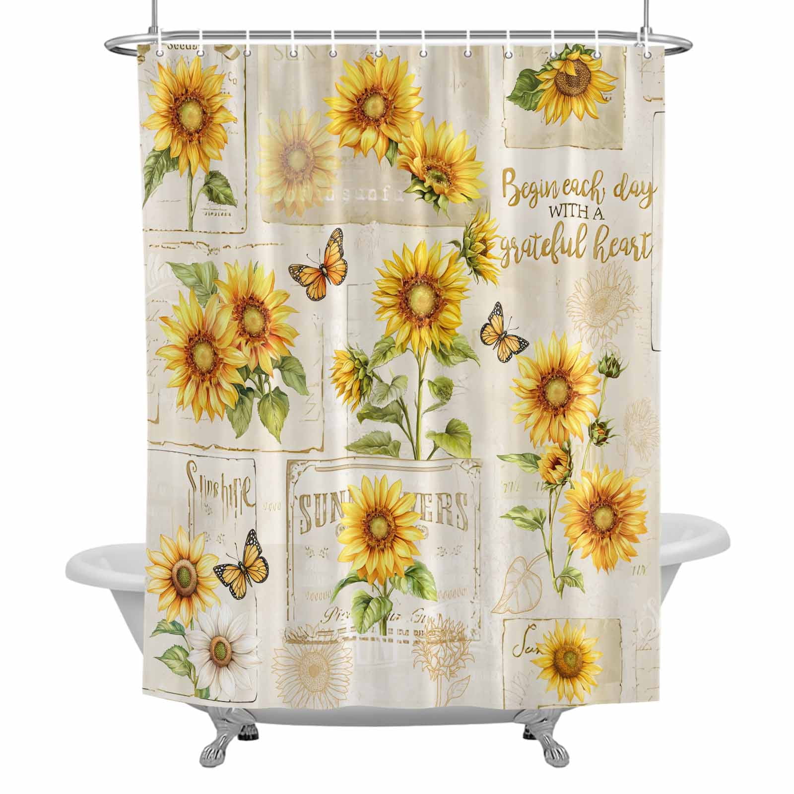 Country Sunflower Shower Curtain for Bathroom, Butterfly Vintage ...
