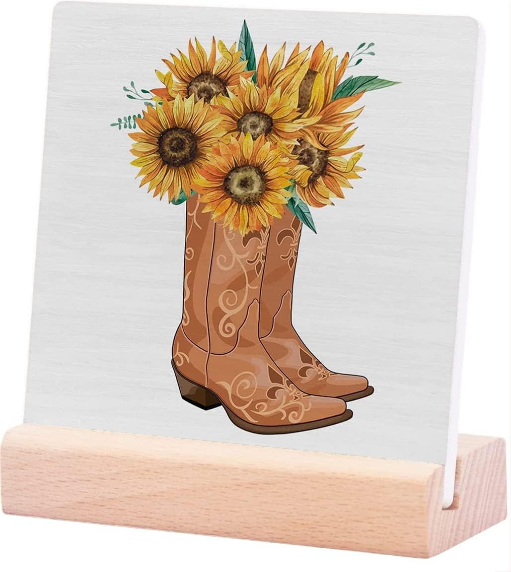 Country Sunflower and Cowboy Boots Ceramic Table Sign Plaque Decor Desk ...