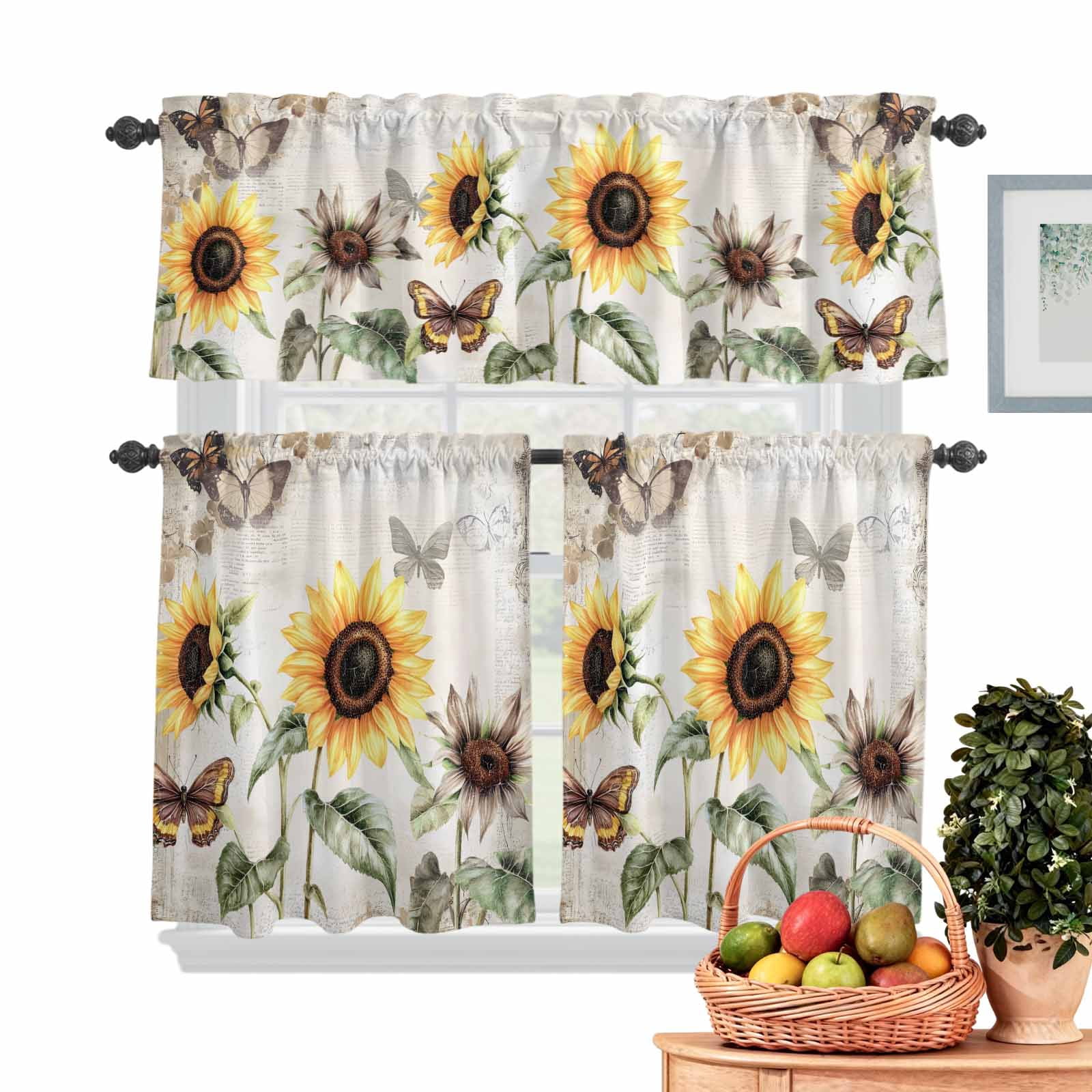 Country Sunflowers Kitchen Curtains Valances 3 Piece Set, Butterfly ...