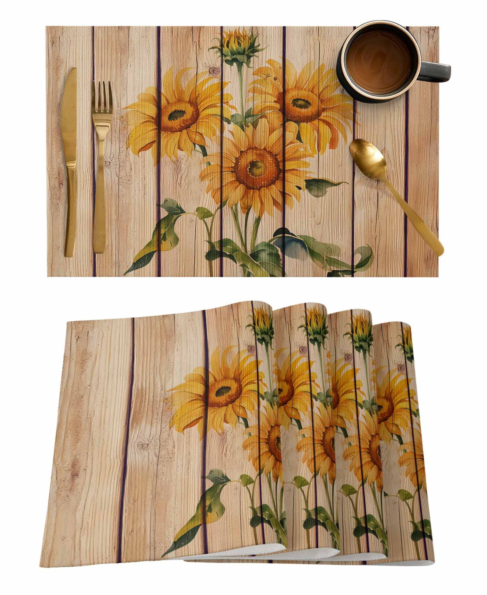 Country Sunflowers Placemats Set of 6 Vintage Wood Grain Texture ...