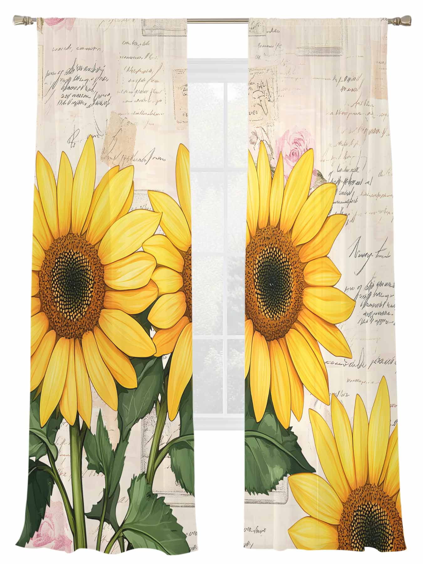 Country Sunflowers Sheer Curtains 2 Panels Set Yellow Floral Vintage ...