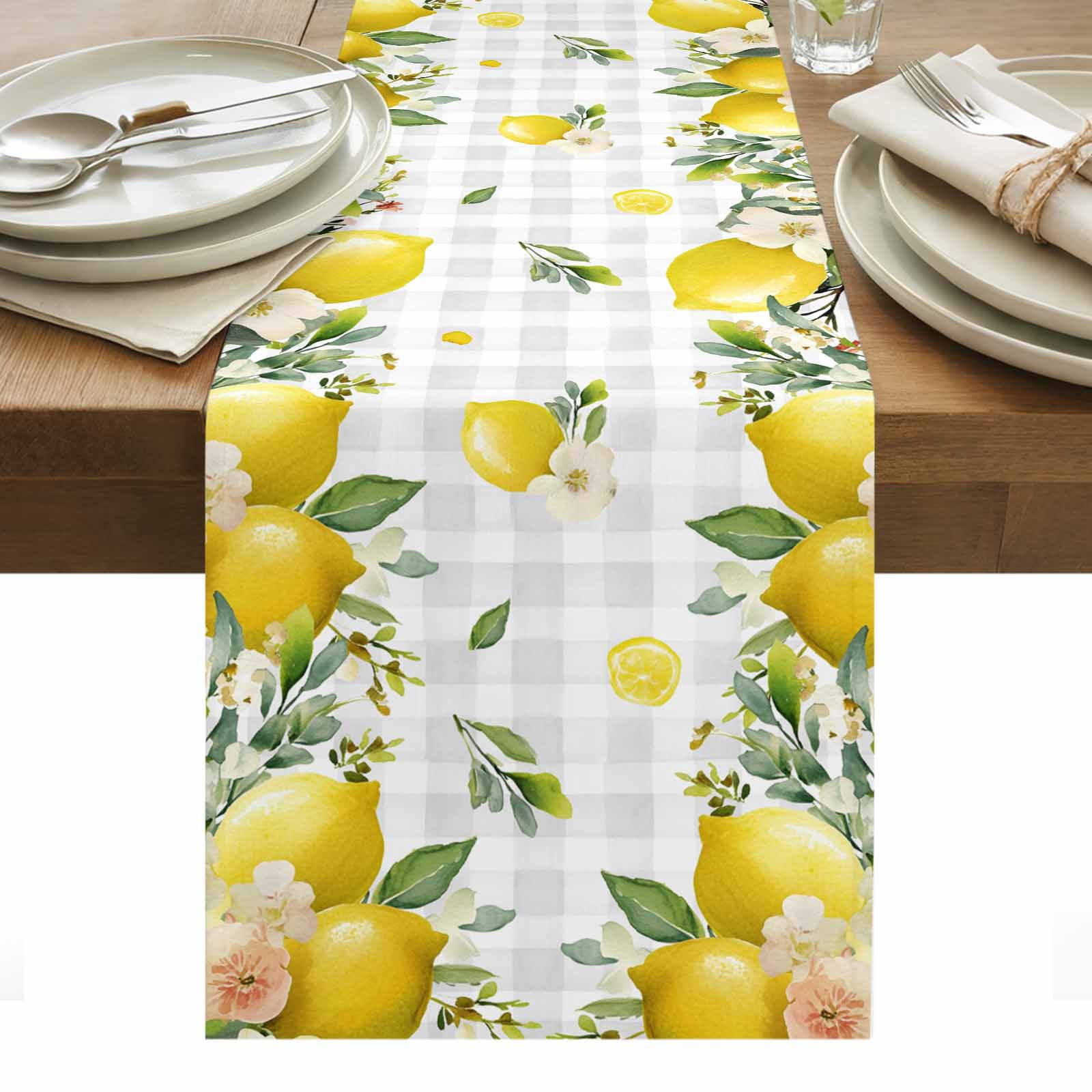 Country Table Runner 13 x 48 Inch, Vintage Yellow Lemon Flowers Grey ...