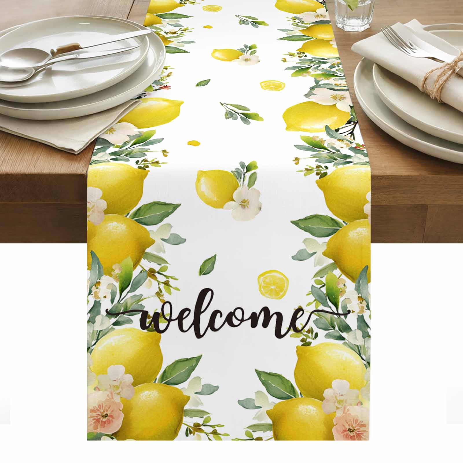 Country Table Runner 13 x 60 Inch, Welcome Yellow Lemon Farm White ...