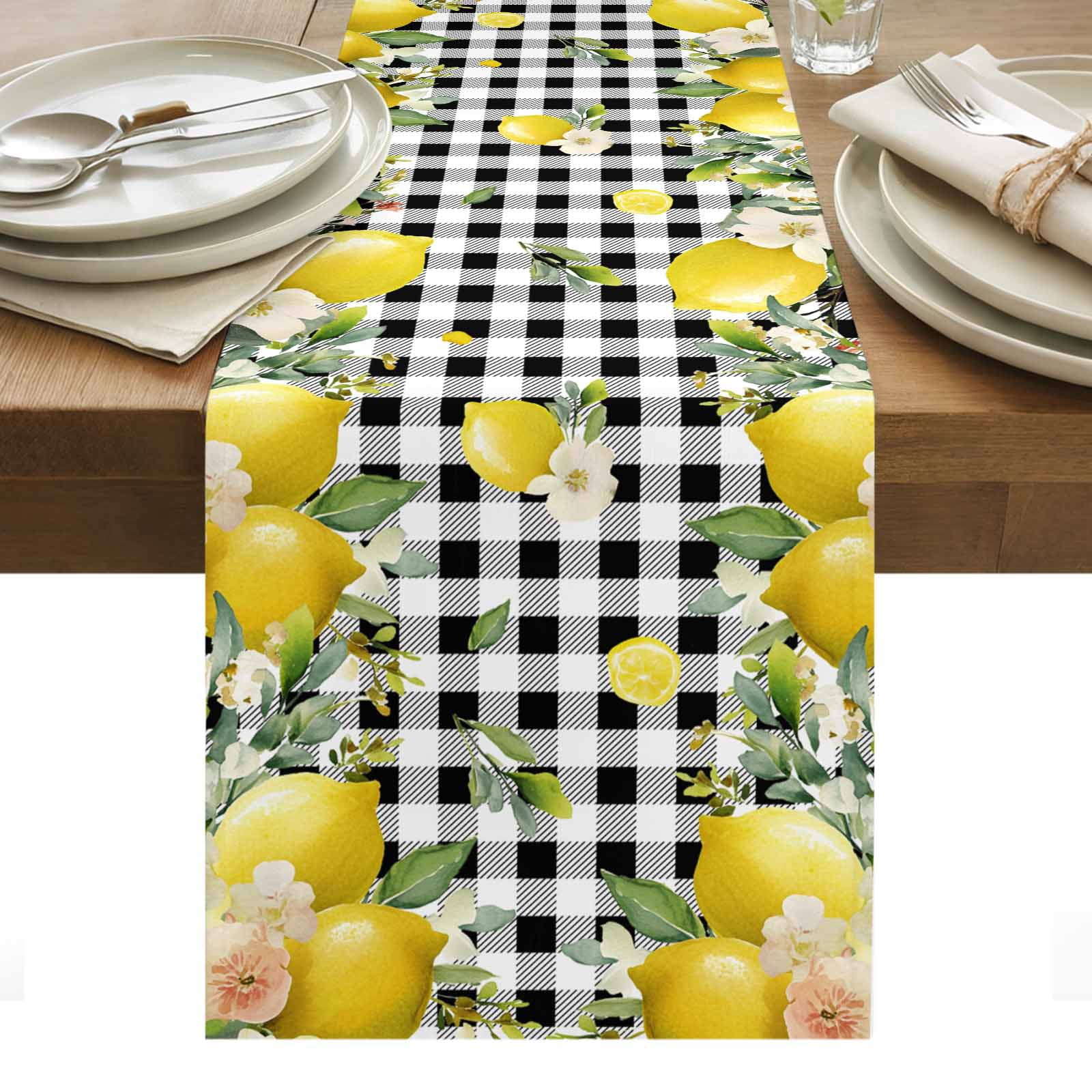 Country Table Runner 14 x 72 Inch, Vintage Yellow Lemon Flowers Black ...