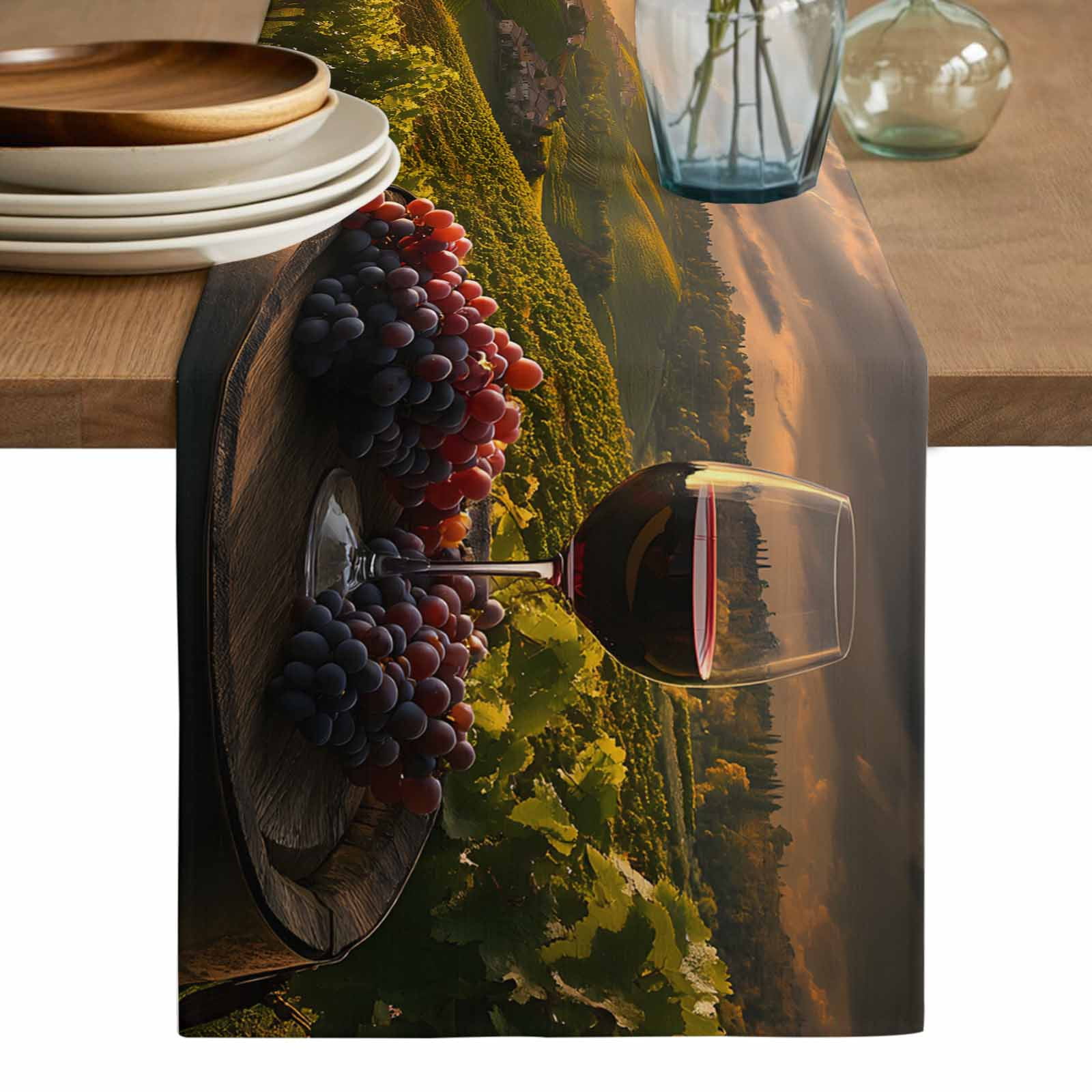 Country Table Runner, Grapes Casks Wine Farmhouse Washable Cotton Linen ...