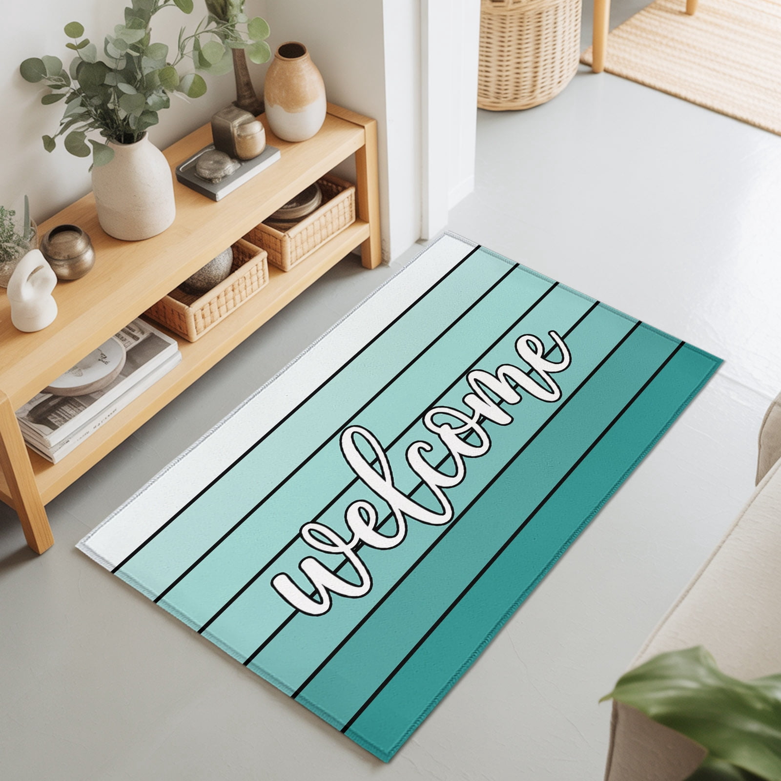 Country Teal Wood Plank Rectangle Rug 2'x3' Welcome Text Black Stripe ...