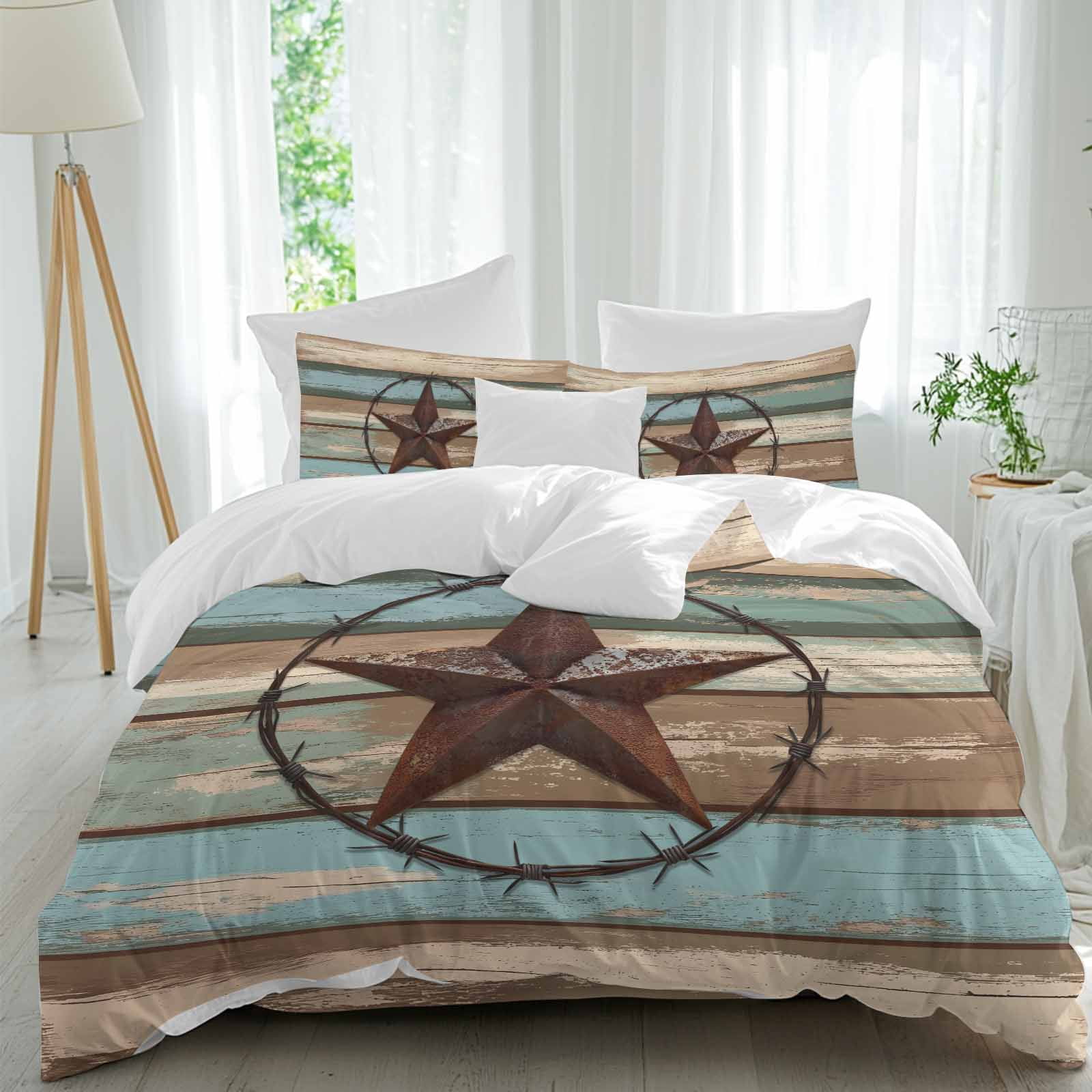 Country Texas Star Full Duvet Cover Set, Vintage Blue Brown Wooden ...
