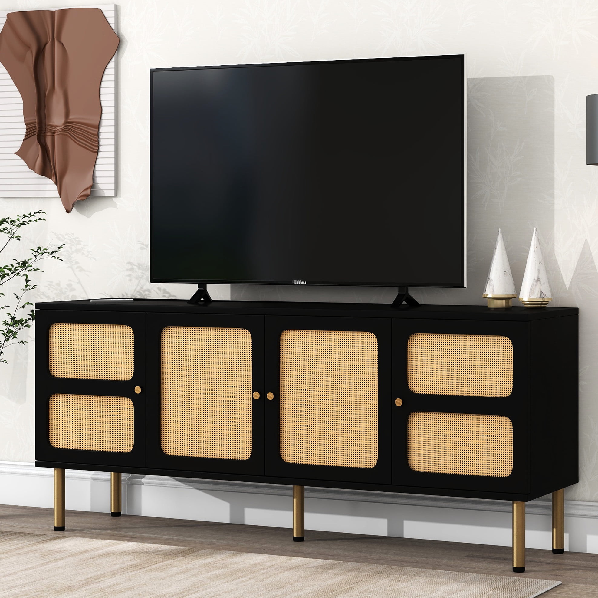 Country Tv Stand With , Gold Metal Base, Black, Accommodates 70'' Tvs ...
