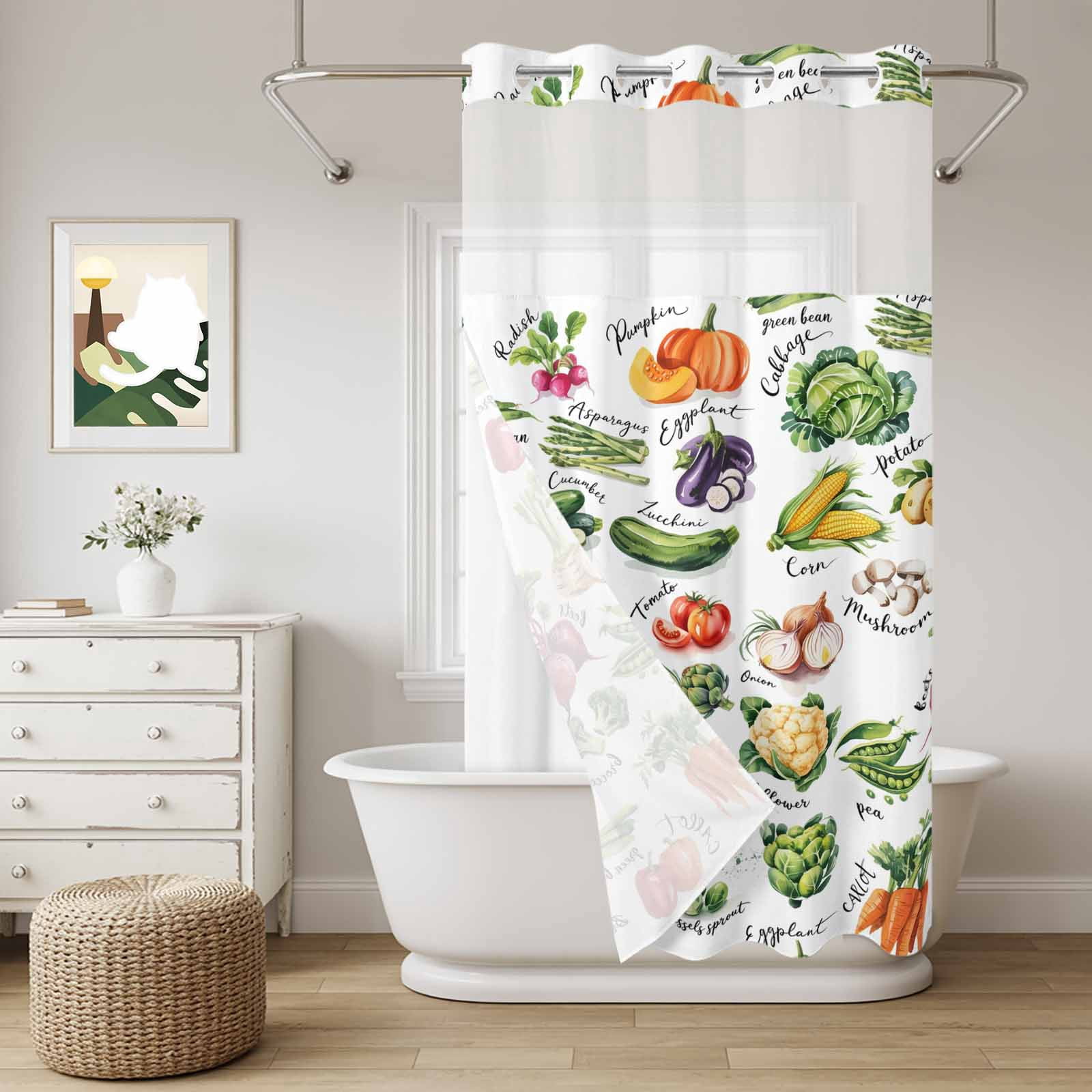 Country Vegetables No Hook Shower Curtain with Snap in Liner Set,Rustic ...